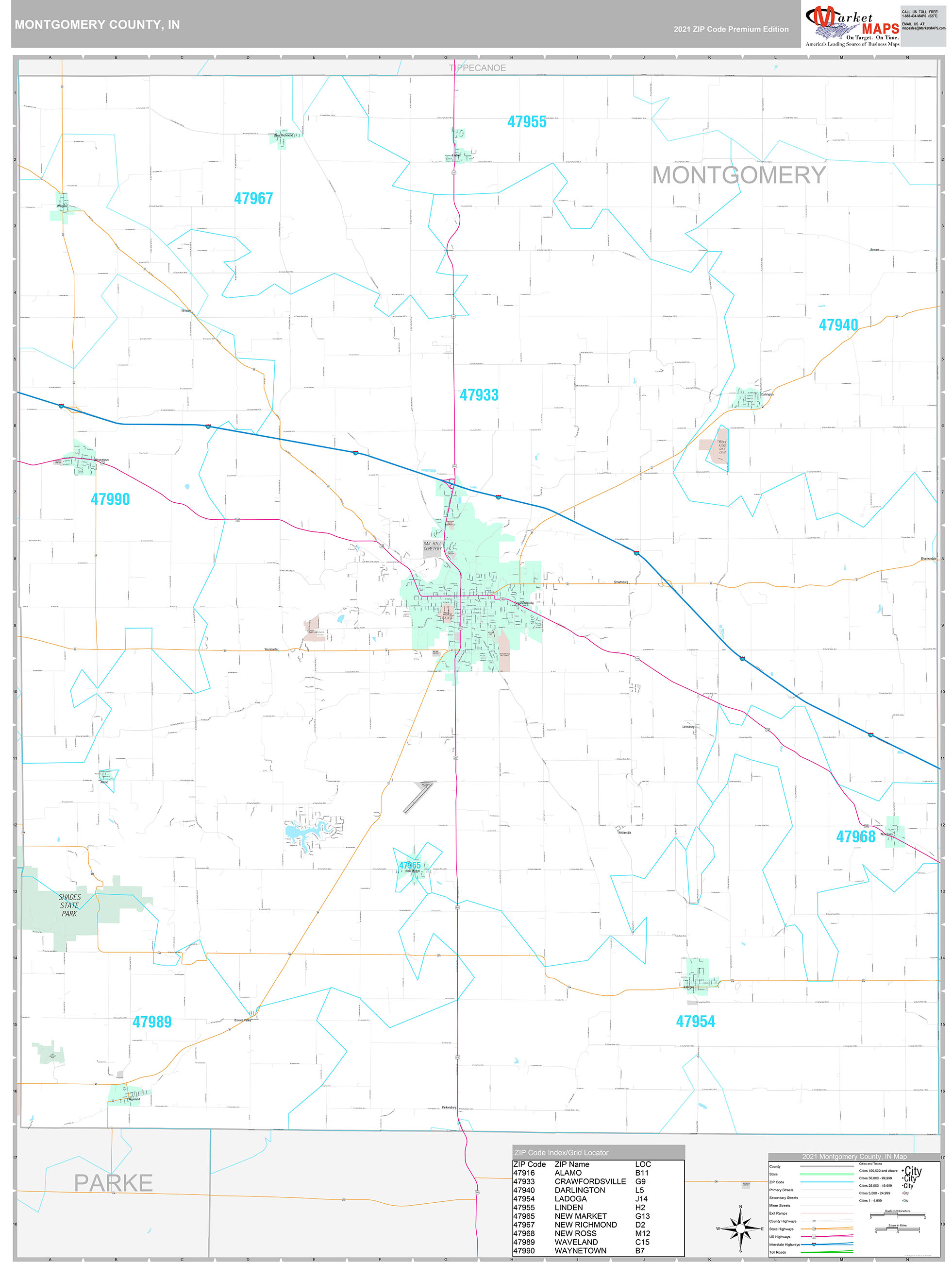 Montgomery County, IN Wall Map Premium Style by MarketMAPS - MapSales.com