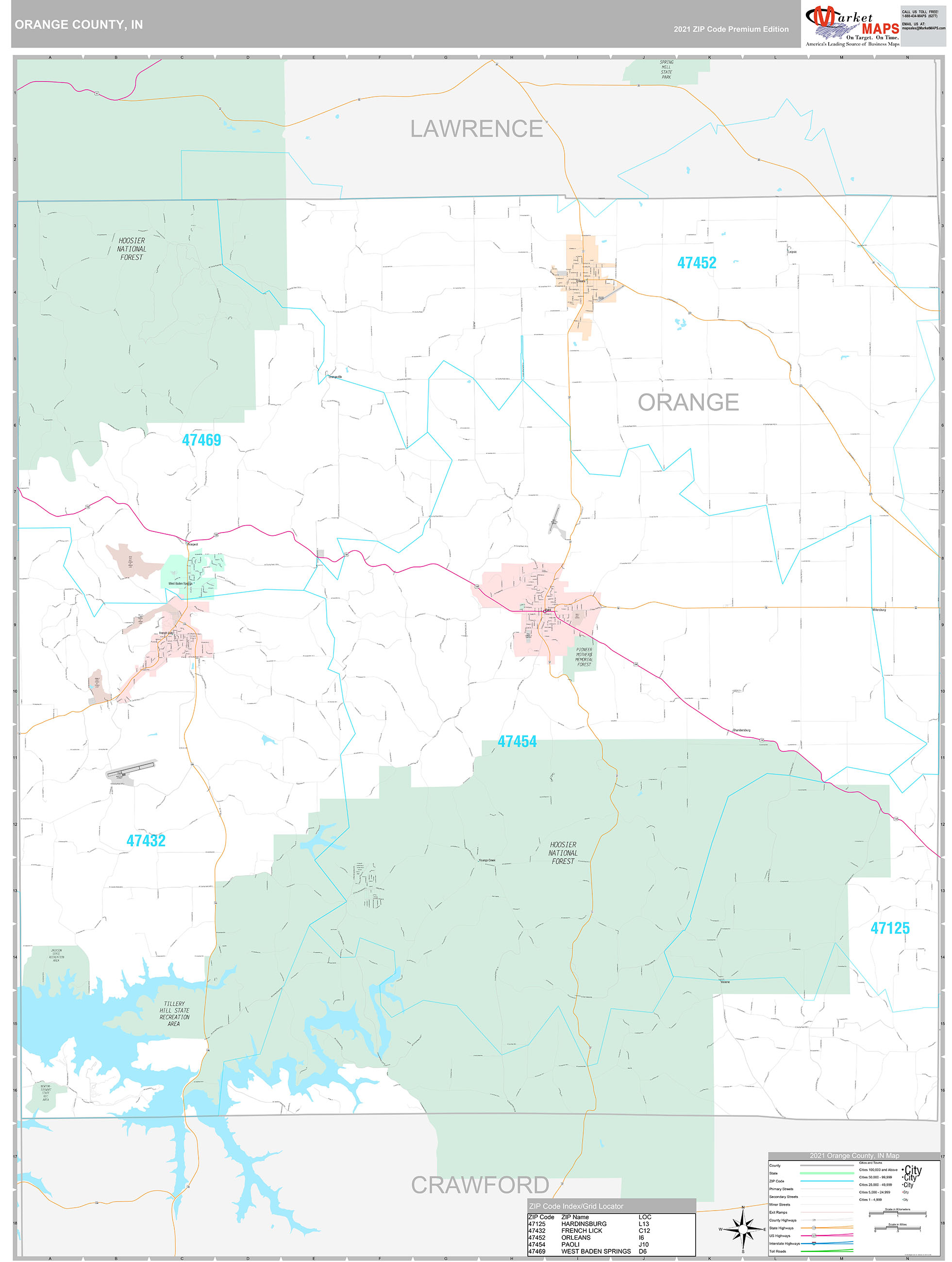 Orange County, IN Wall Map Premium Style by MarketMAPS