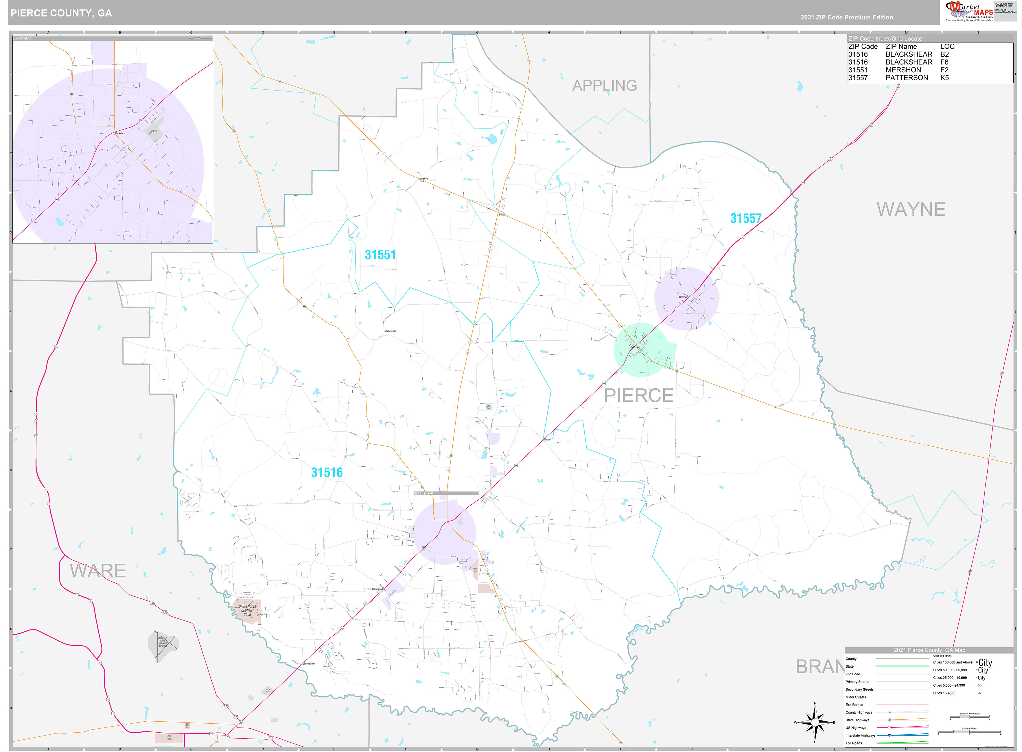 Pierce County, GA Wall Map Premium Style by MarketMAPS - MapSales