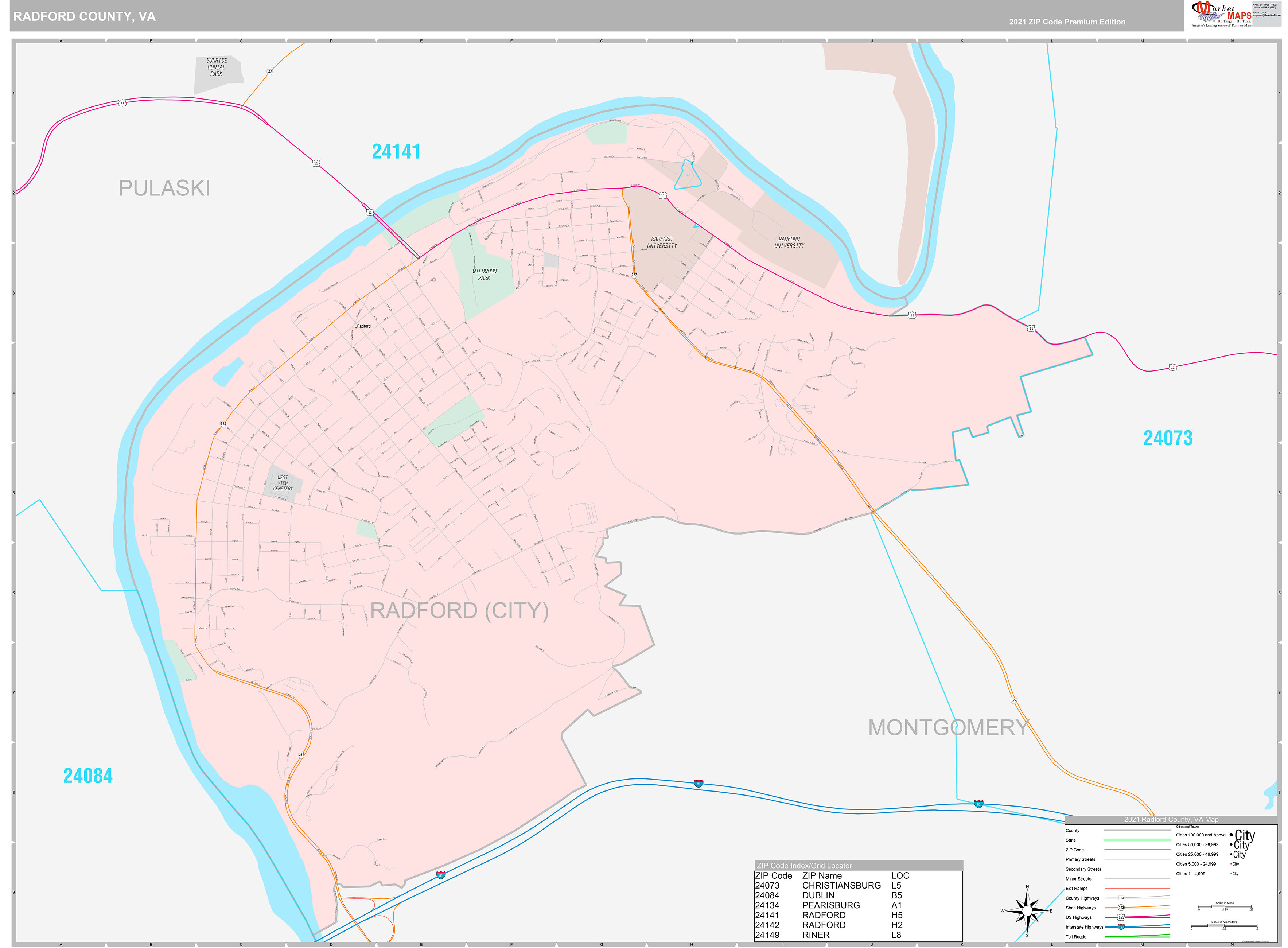 Radford County VA Wall Map Premium Style By MarketMAPS MapSales