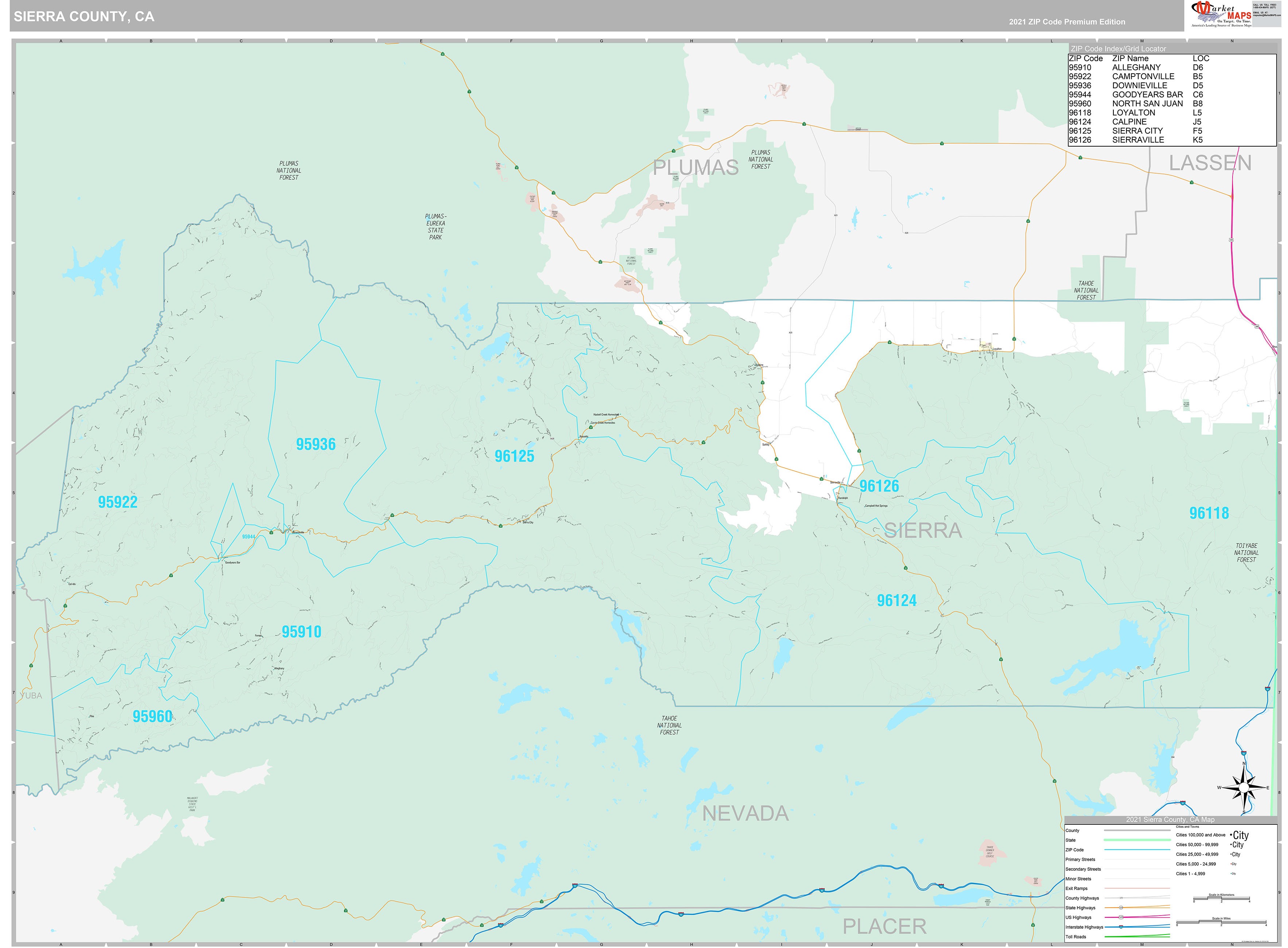 Sierra County, CA Wall Map Premium Style by MarketMAPS - MapSales.com
