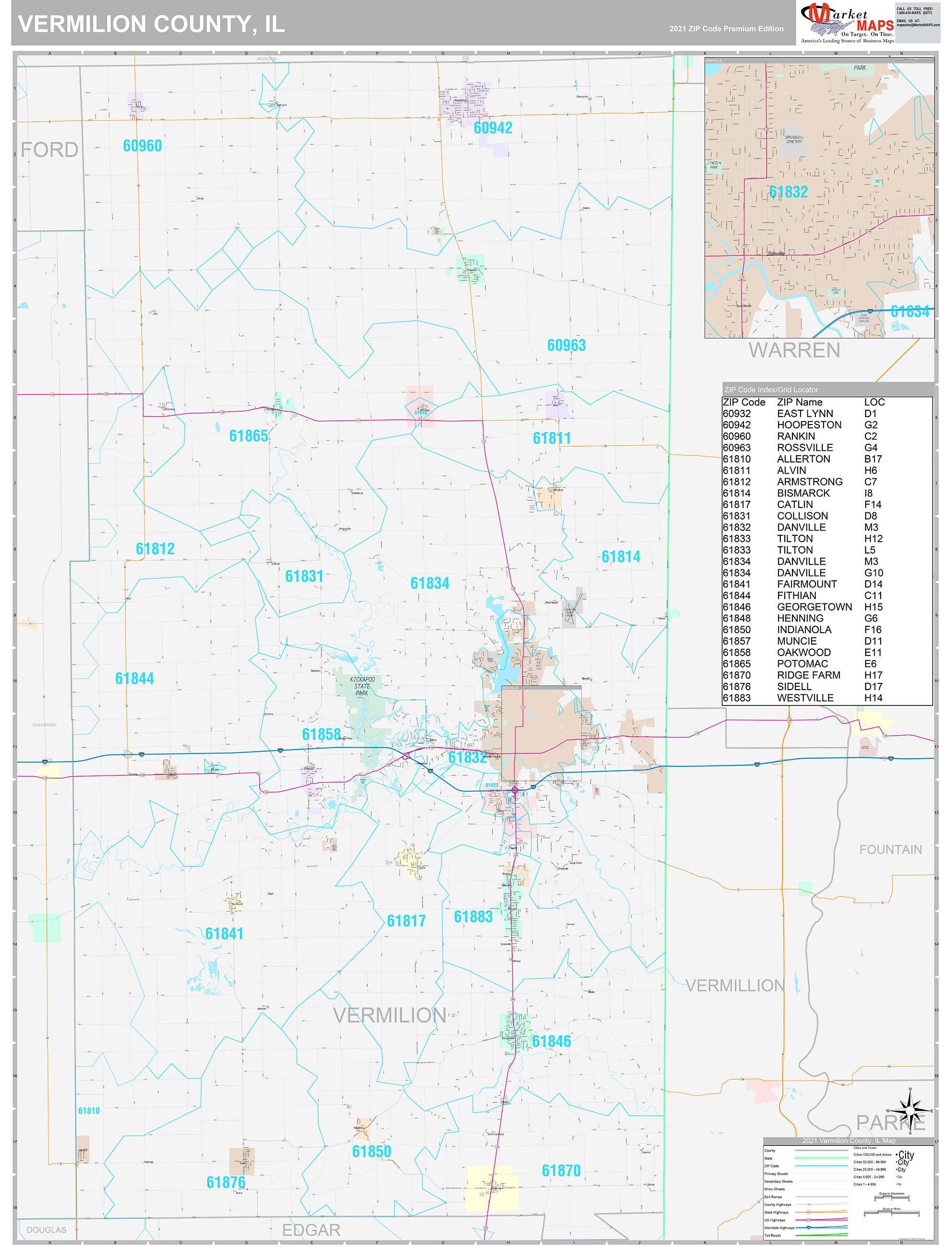 Vermilion County, IL Wall Map Premium Style by MarketMAPS