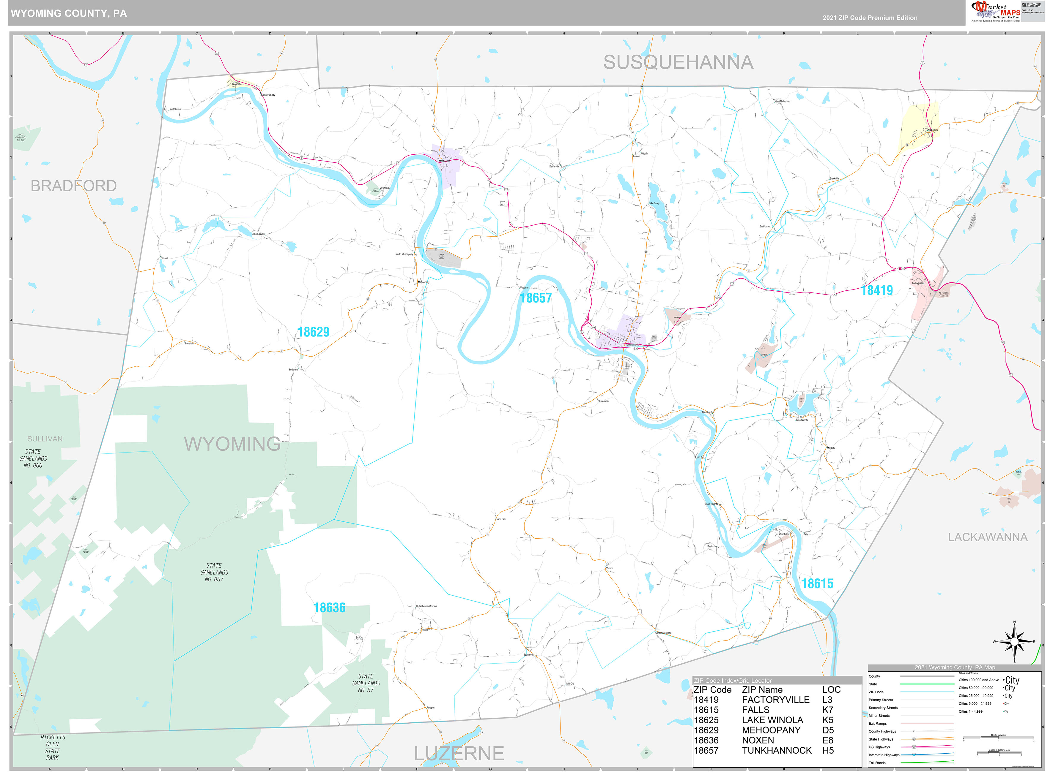 Wyoming County, PA Wall Map Premium Style by MarketMAPS - MapSales.com
