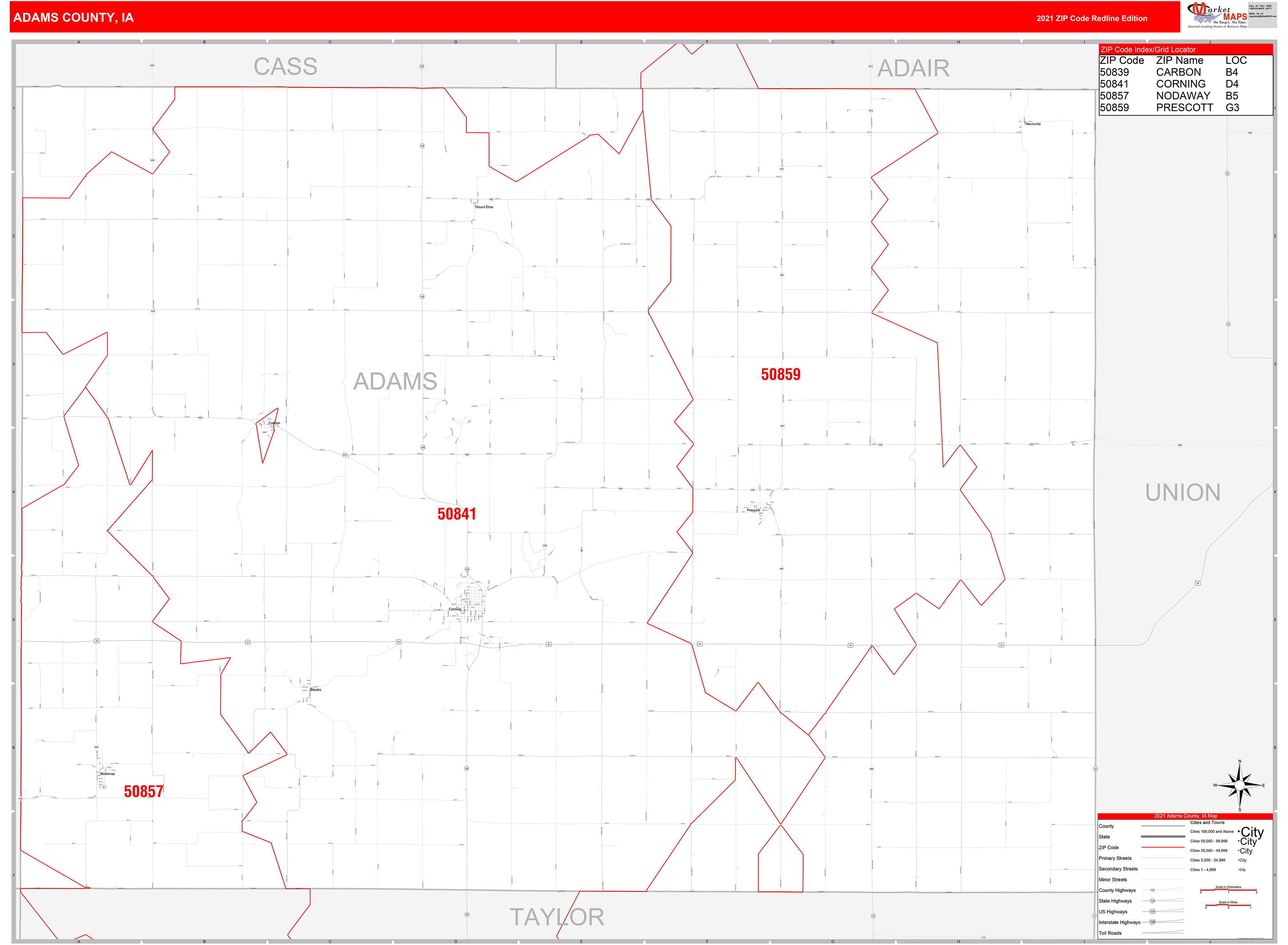 Adams County, IA Zip Code Wall Map Red Line Style by MarketMAPS