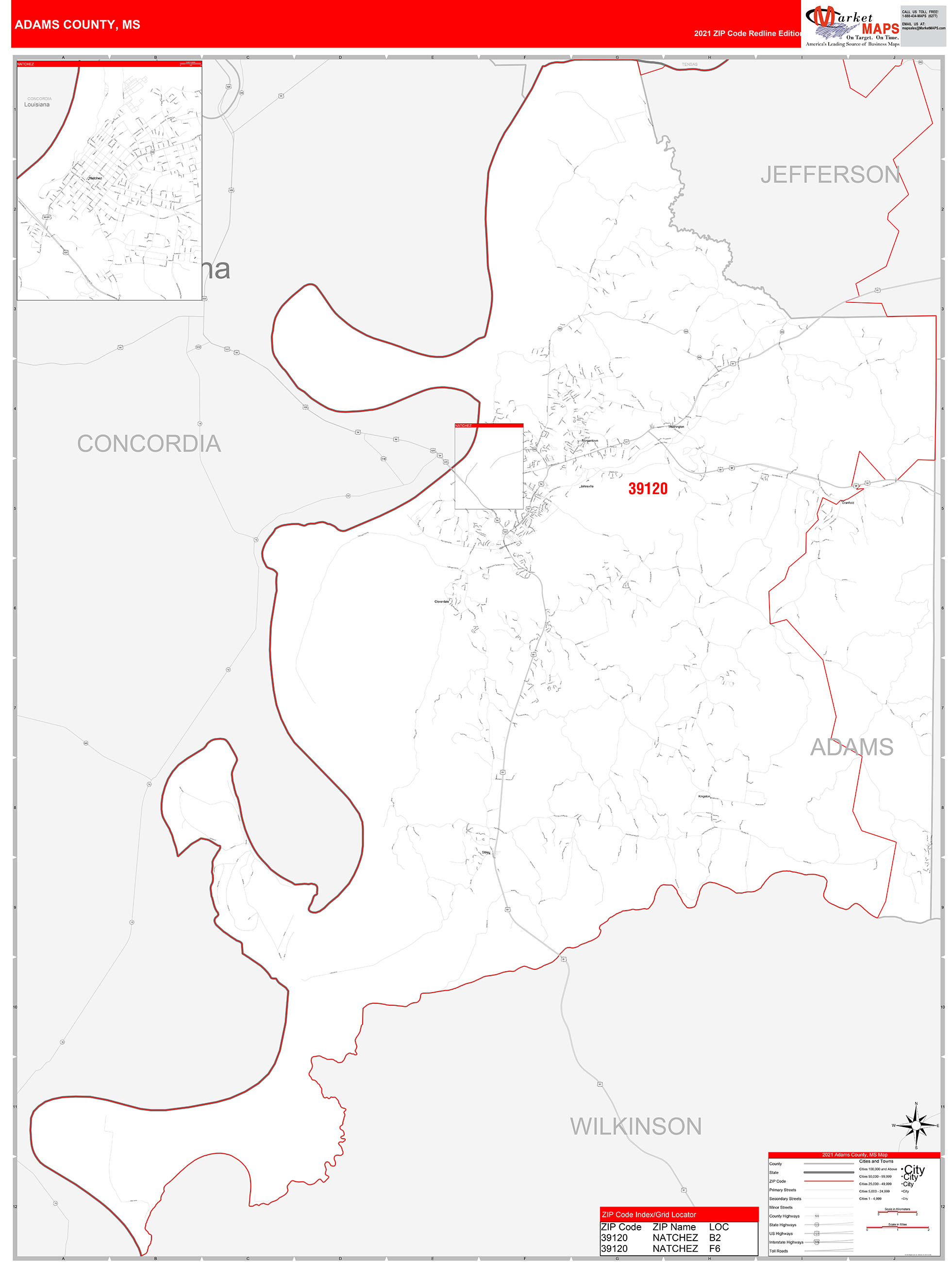 Adams County, MS Zip Code Wall Map Red Line Style by MarketMAPS - MapSales