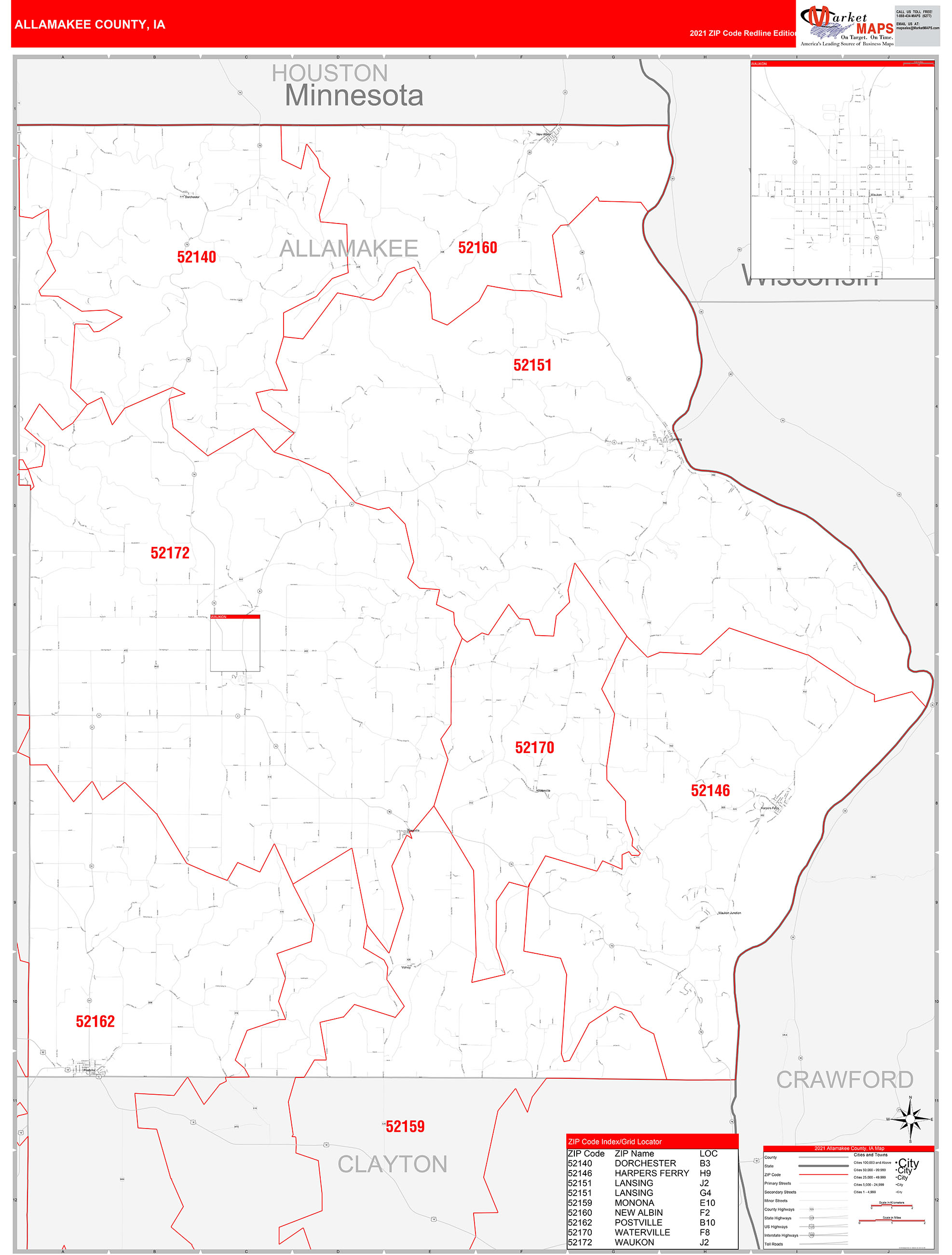 Allamakee County, IA Zip Code Wall Map Red Line Style by MarketMAPS - MapSales