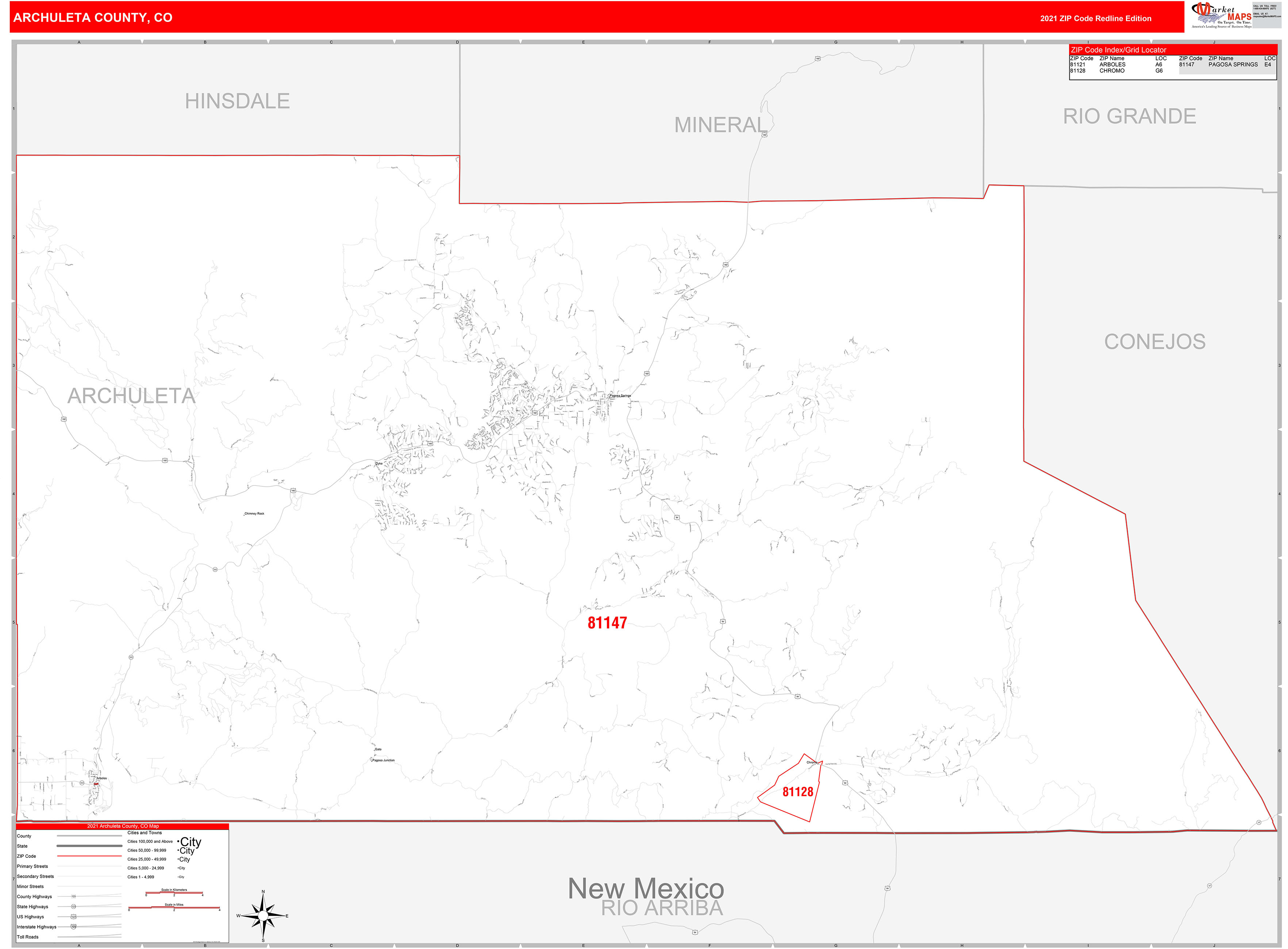 Archuleta County, CO Zip Code Wall Map Red Line Style by MarketMAPS ...