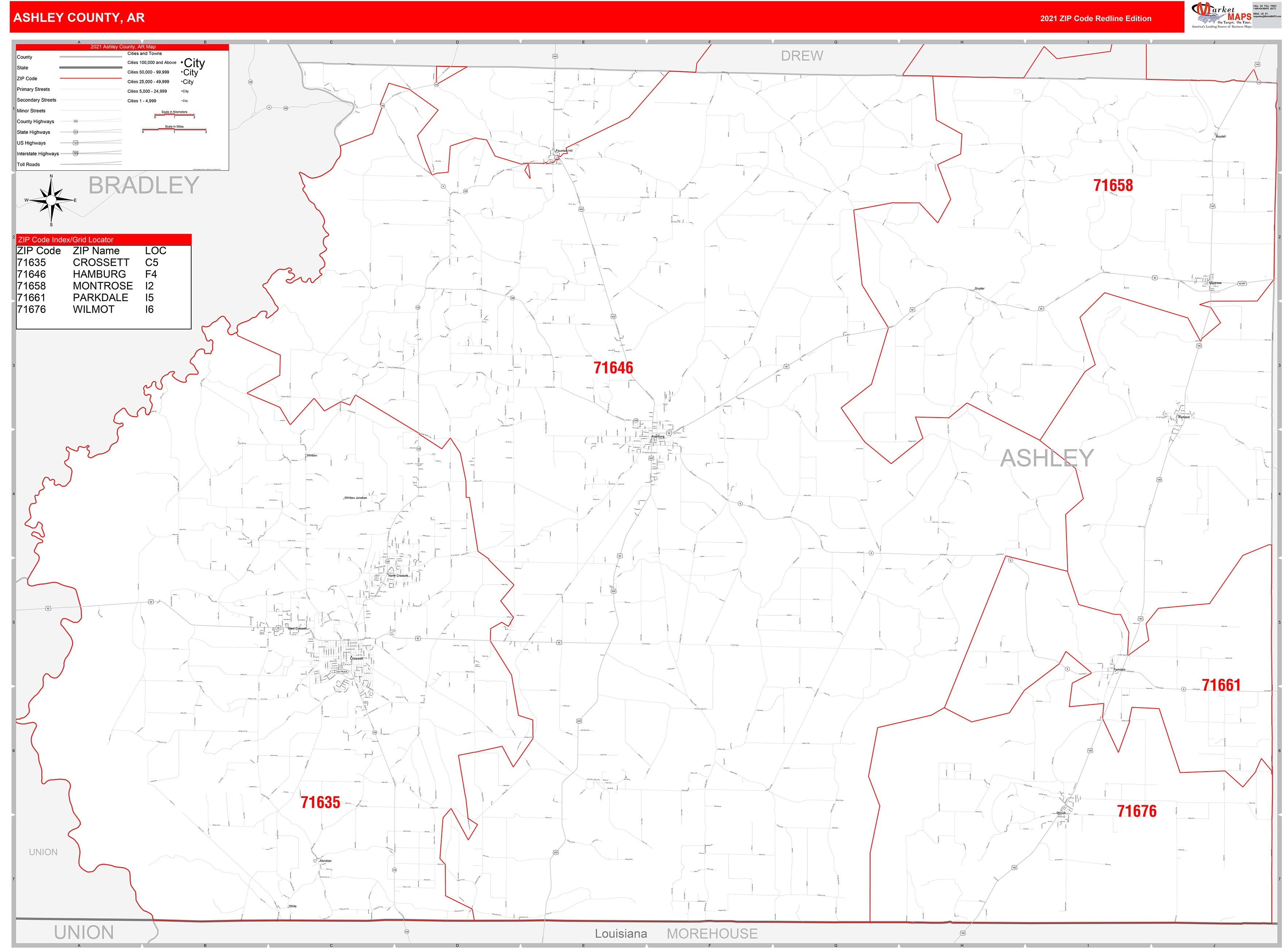 Ashley County, AR Zip Code Wall Map Red Line Style by MarketMAPS