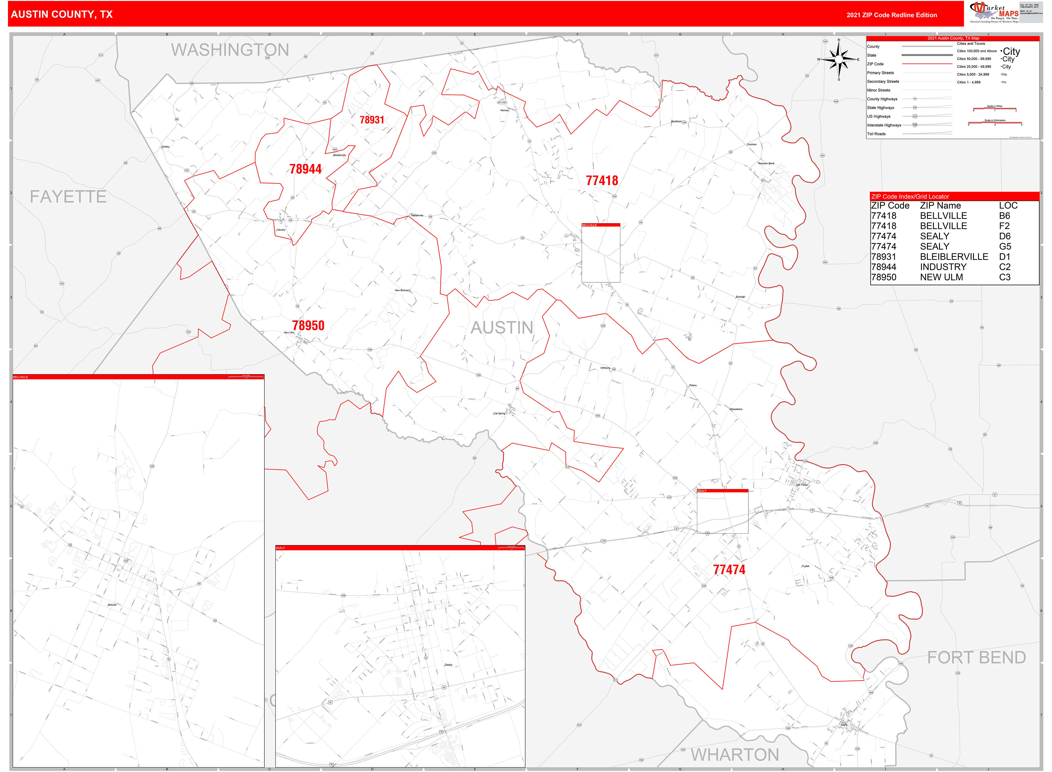 Austin County, TX Zip Code Wall Map Red Line Style by MarketMAPS - MapSales