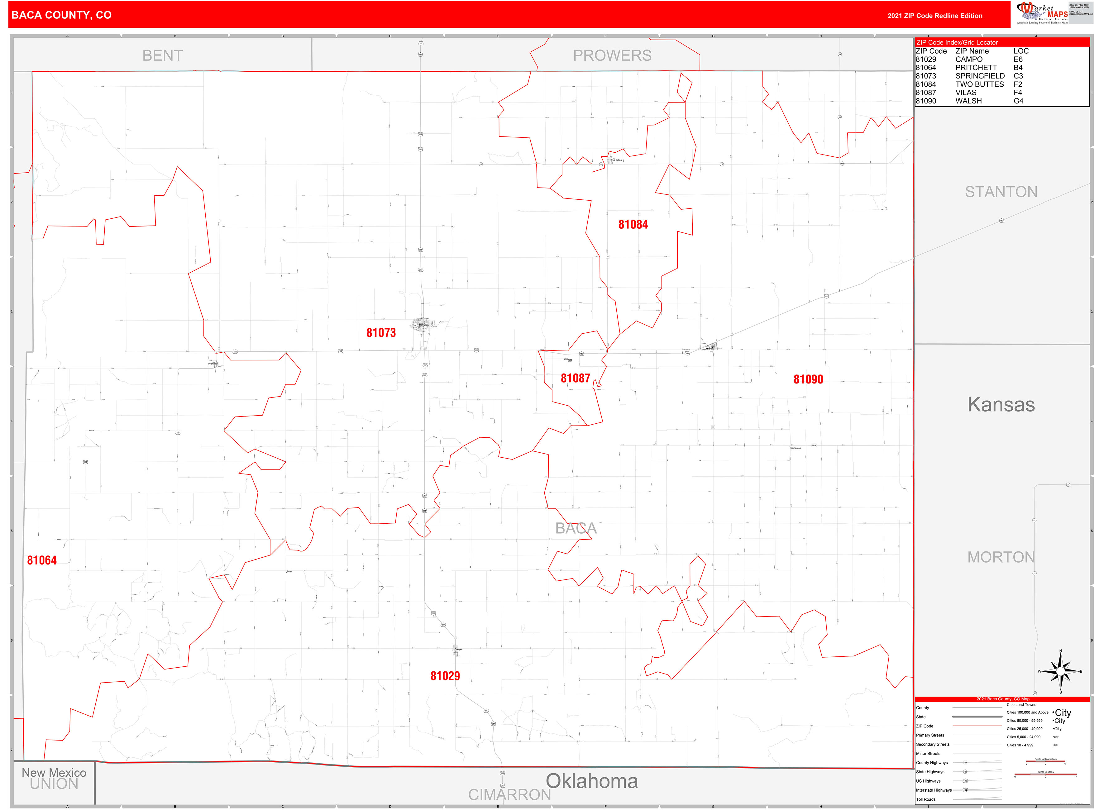 Baca County, CO Zip Code Wall Map Red Line Style by MarketMAPS - MapSales