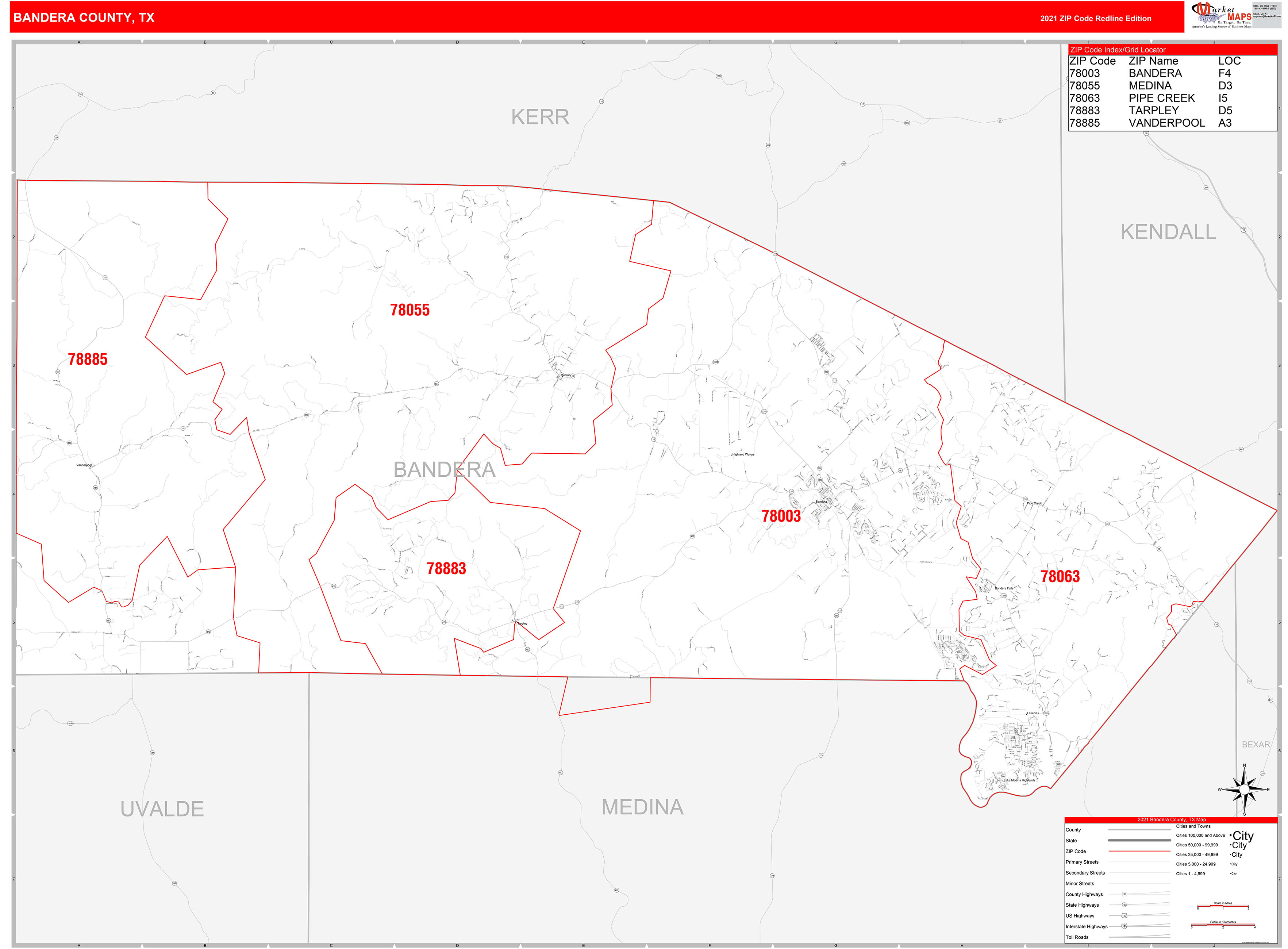Bandera County, TX Zip Code Wall Map Red Line Style by MarketMAPS ...