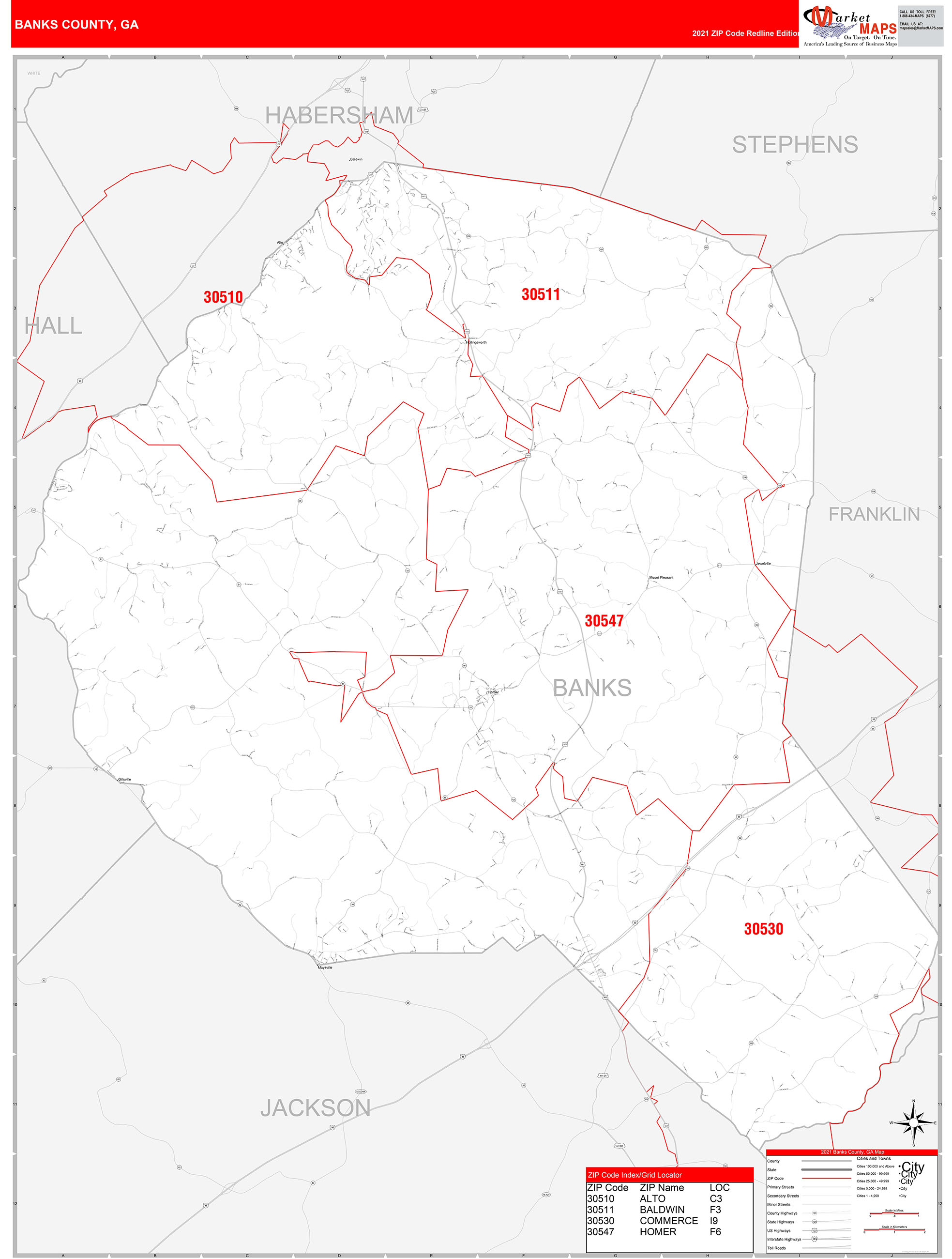Banks County, GA Zip Code Wall Map Red Line Style by MarketMAPS ...