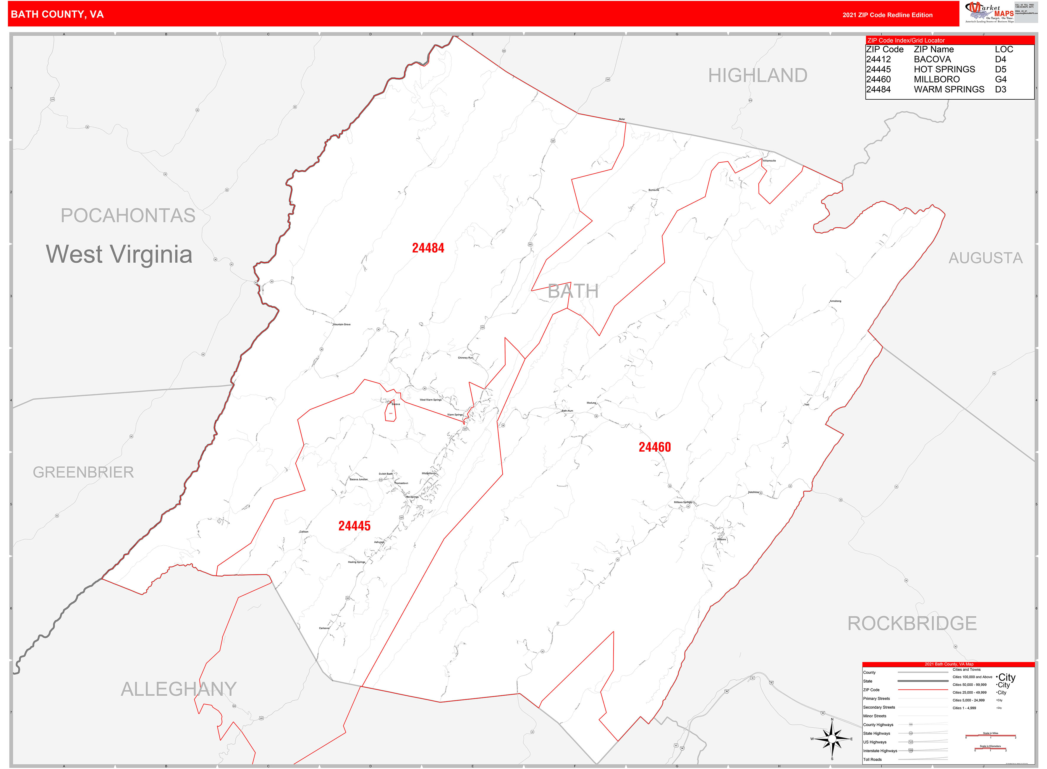 Bath County, VA Zip Code Wall Map Red Line Style by MarketMAPS - MapSales