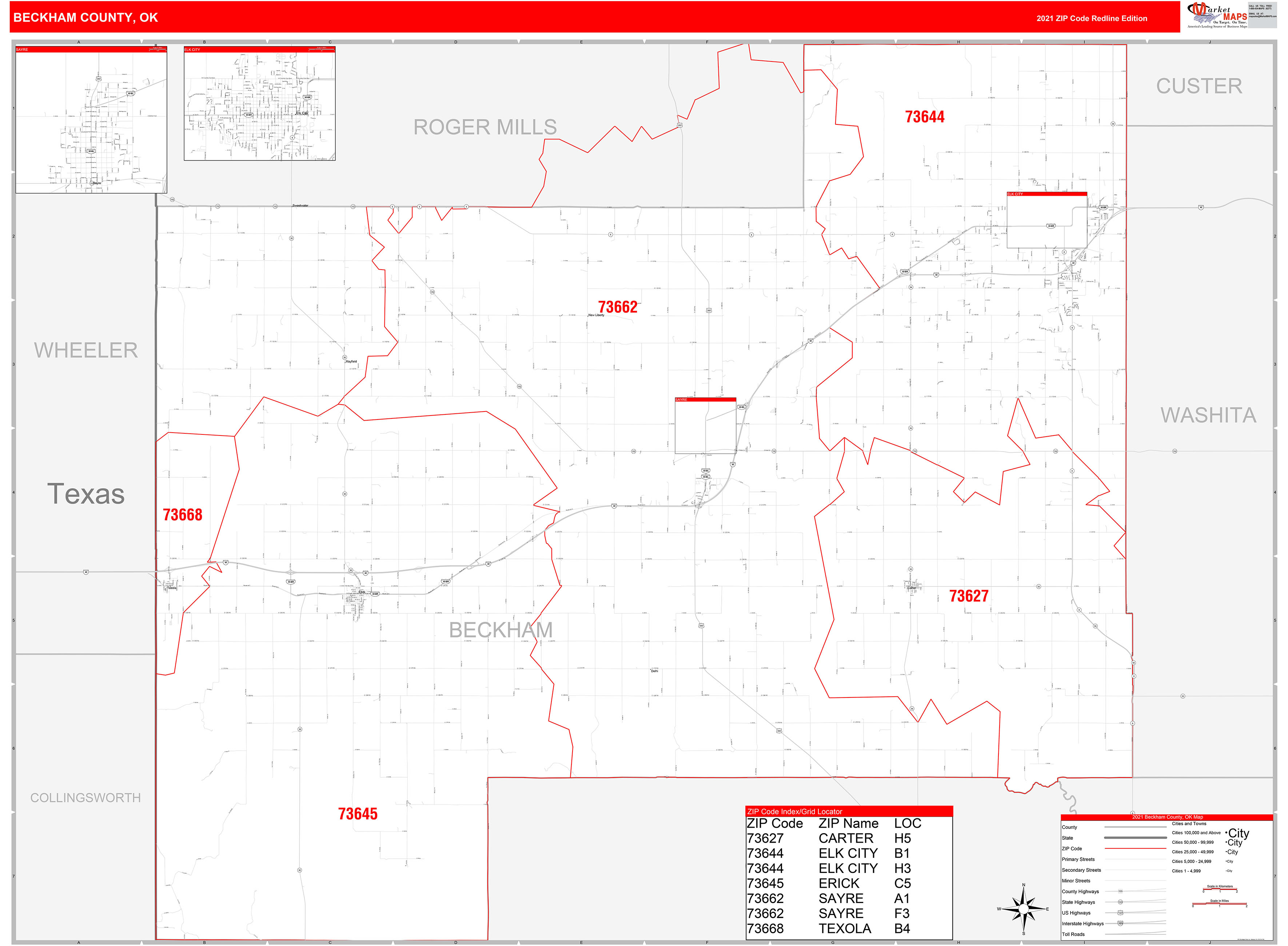 Beckham County, OK Zip Code Wall Map Red Line Style by MarketMAPS ...