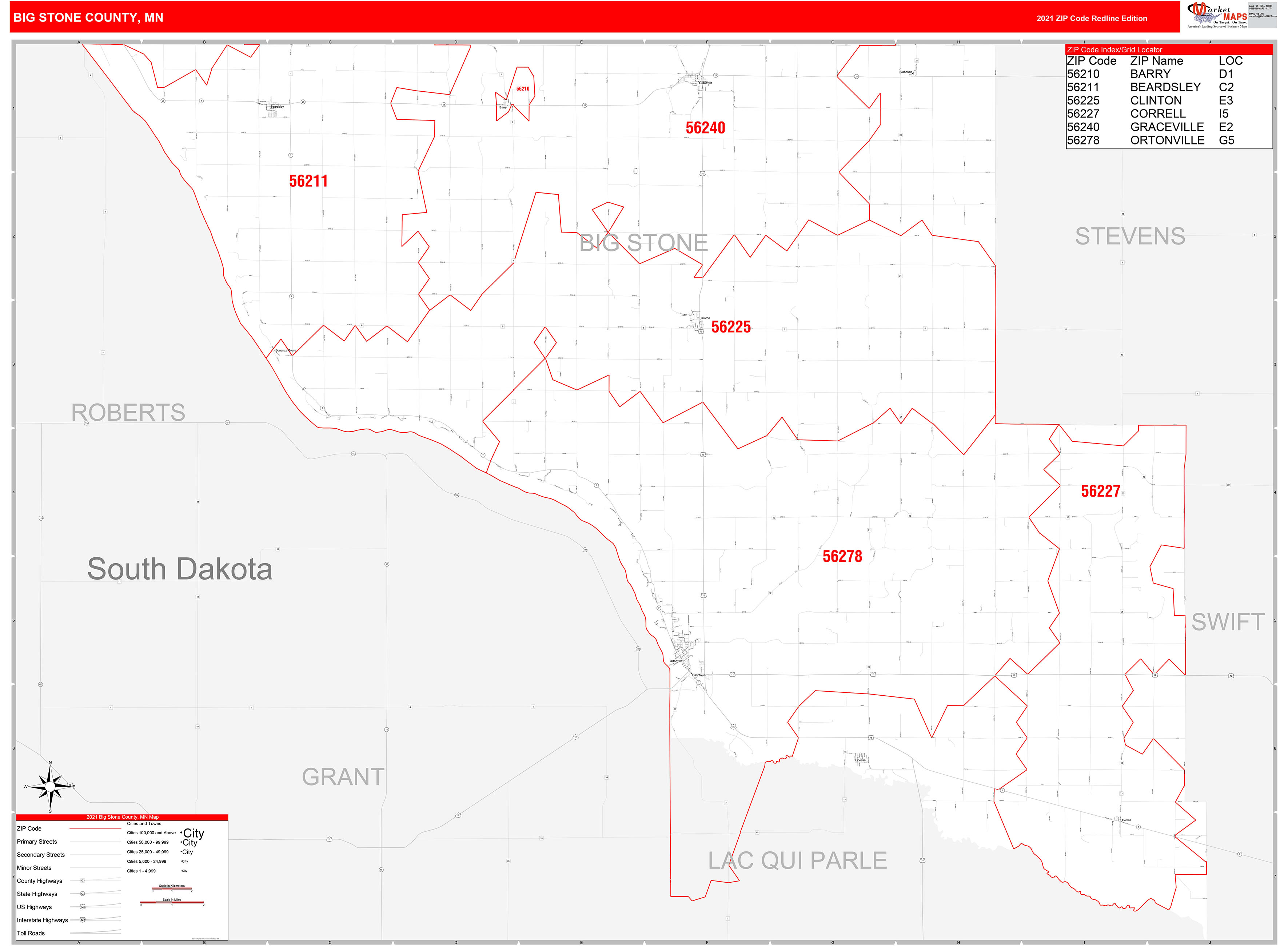 Big Stone County, MN Zip Code Wall Map Red Line Style by MarketMAPS ...
