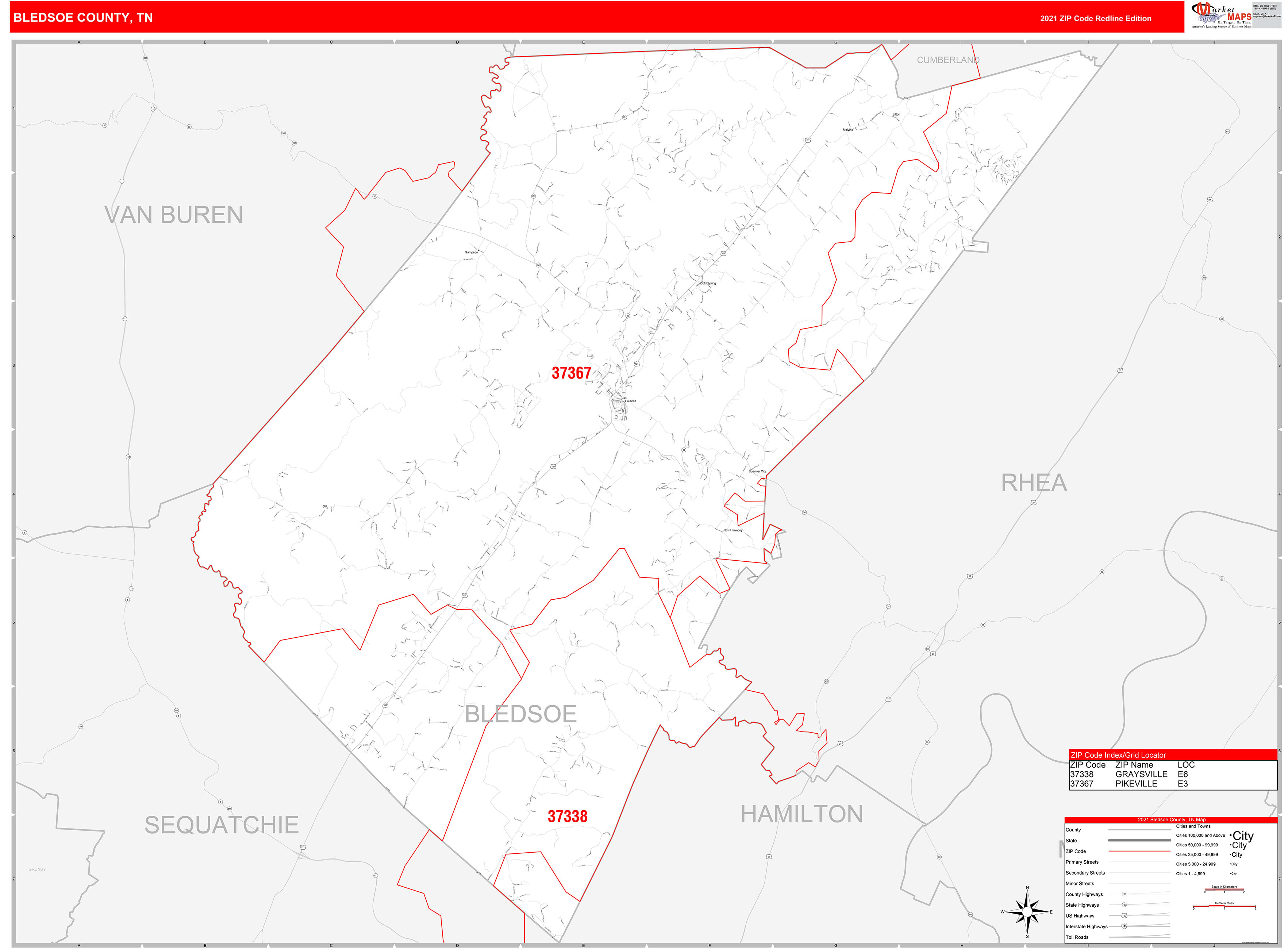 Bledsoe County, TN Zip Code Wall Map Red Line Style by MarketMAPS ...
