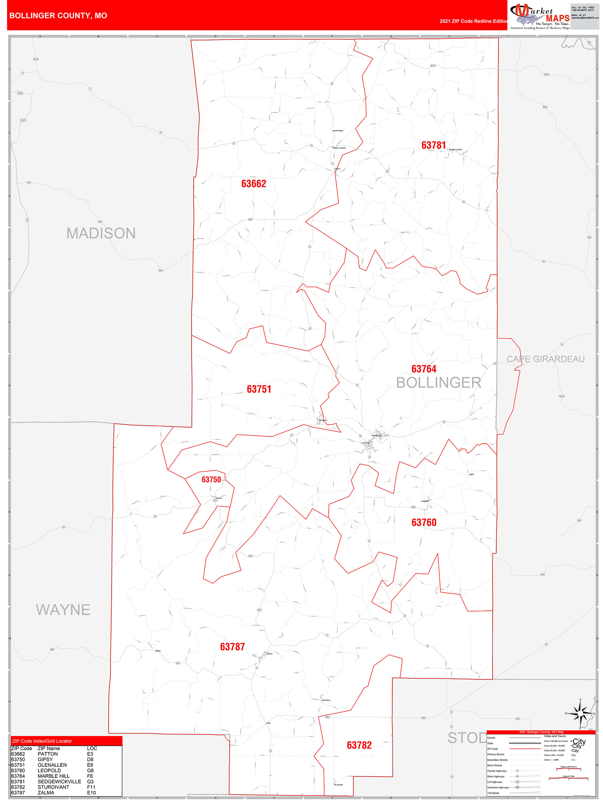 Bollinger County, MO Zip Code Wall Map Red Line Style by MarketMAPS - MapSales