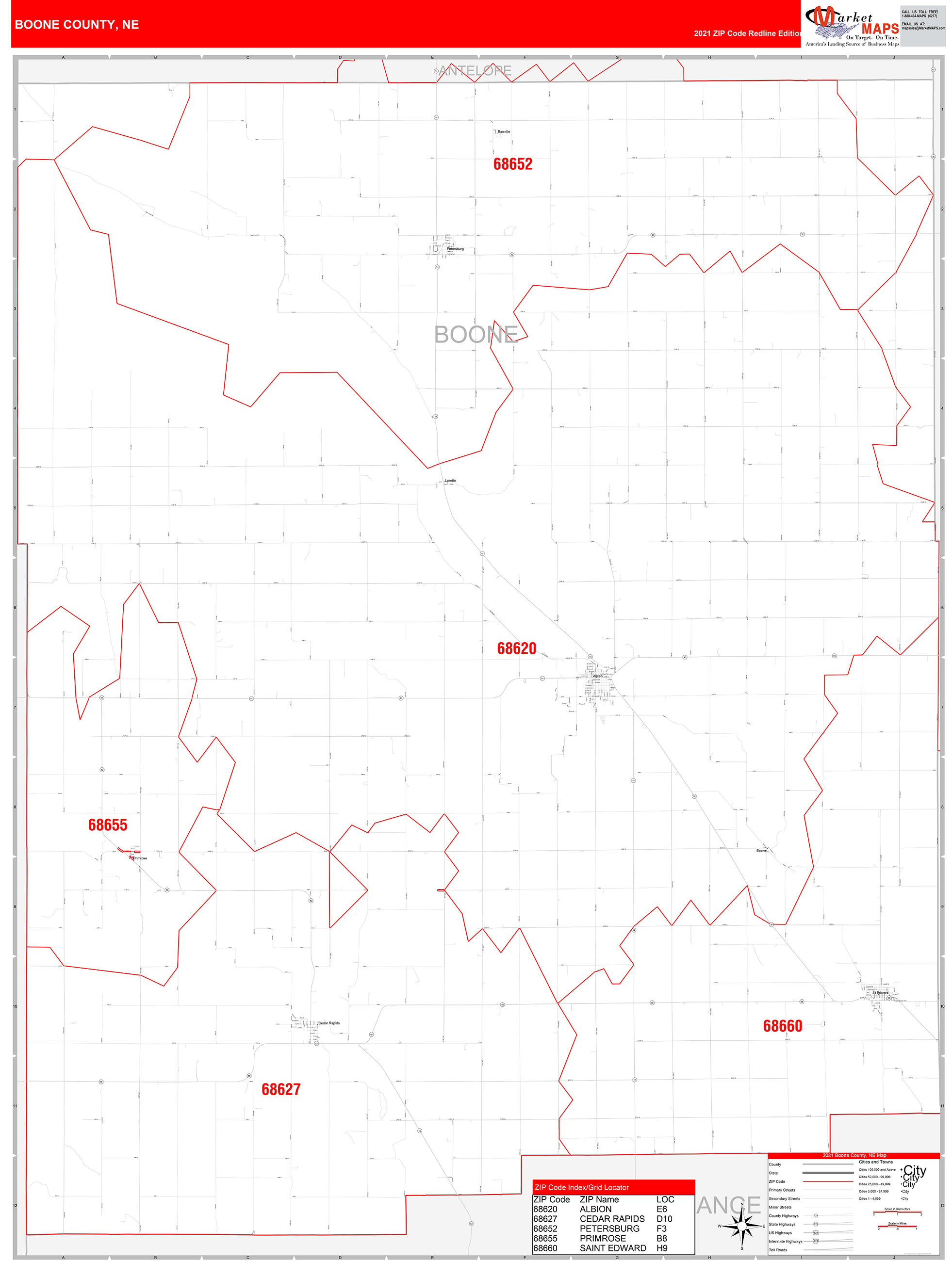 Boone County, NE Zip Code Wall Map Red Line Style by MarketMAPS