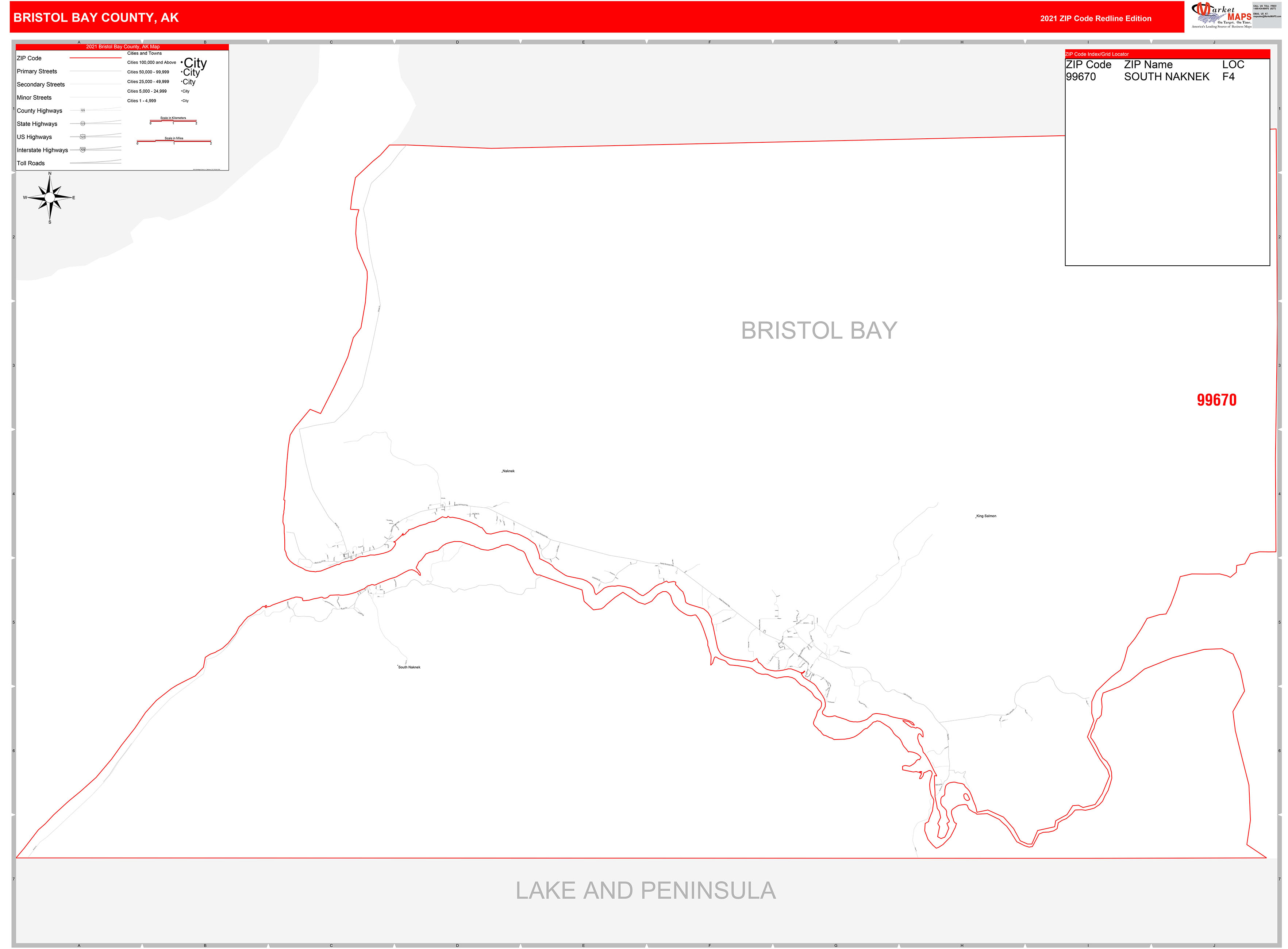 Bristol Bay County, AK Zip Code Wall Map Red Line Style by MarketMAPS