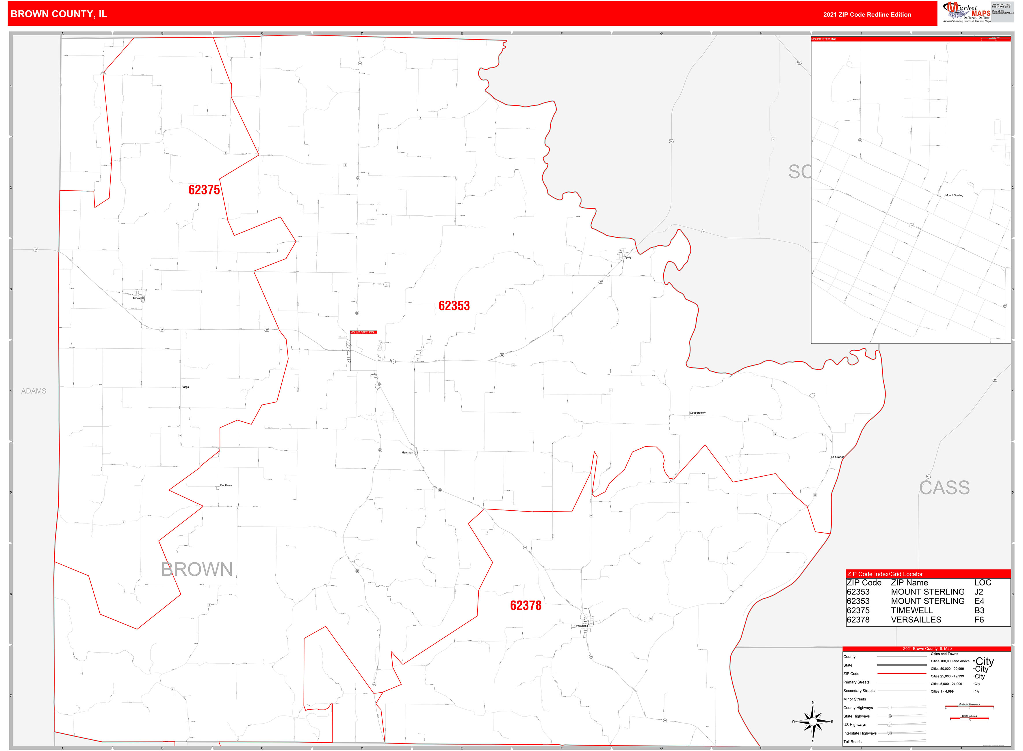 Brown County, IL Zip Code Wall Map Red Line Style by MarketMAPS