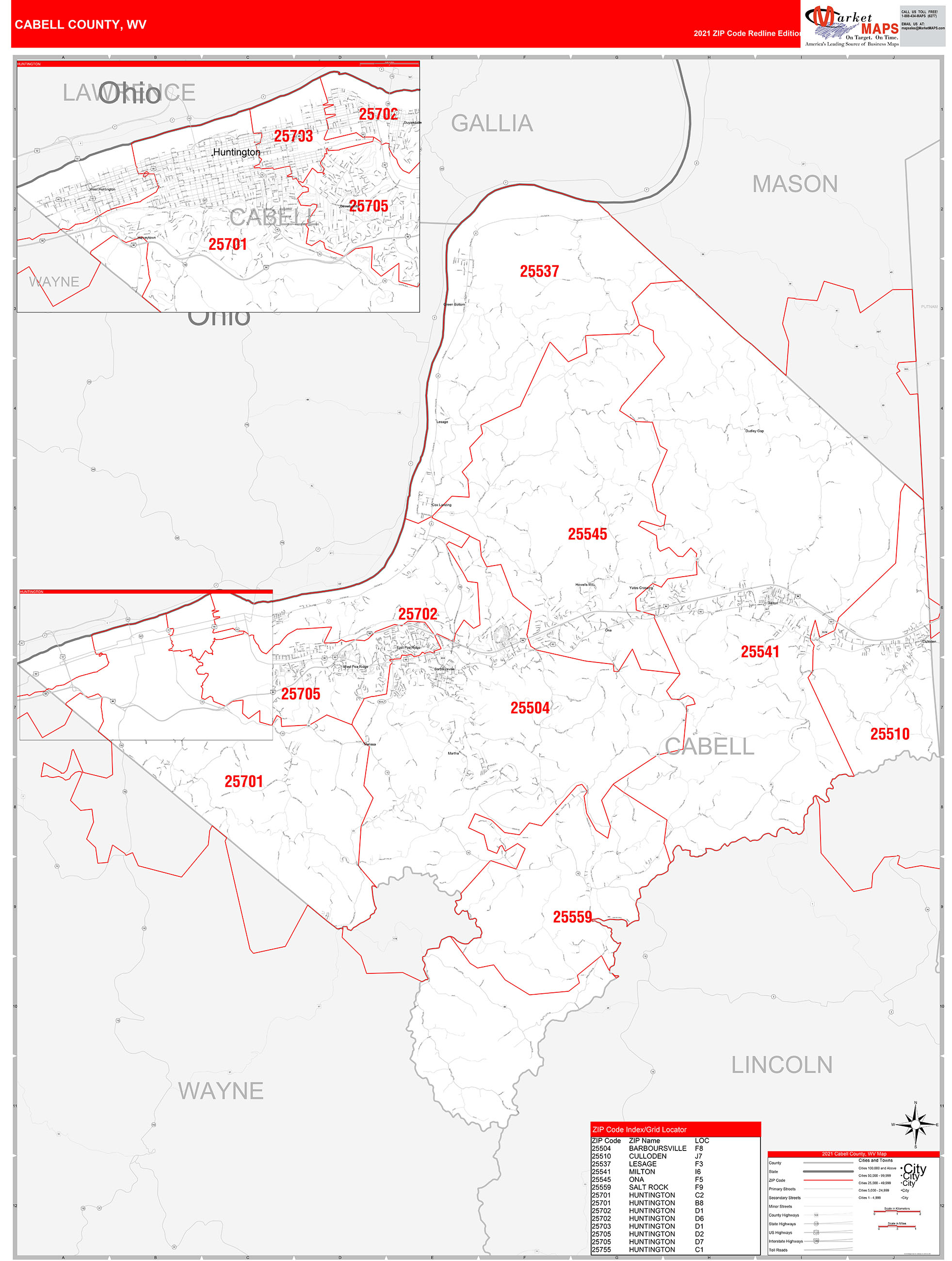 Cabell County Wv Zip Code Wall Map Red Line Style By Marketmaps