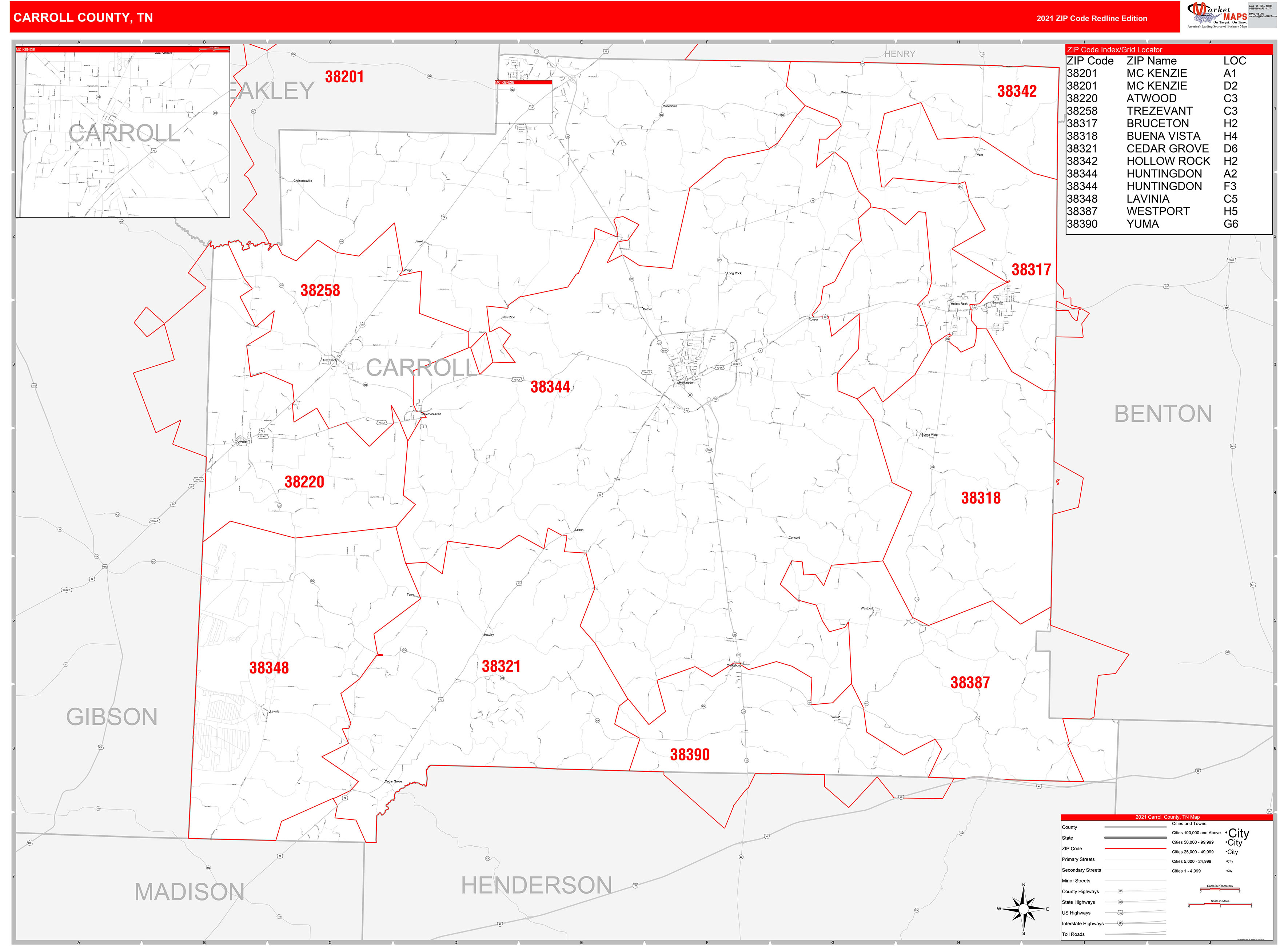 Carroll County, TN Zip Code Wall Map Red Line Style by MarketMAPS ...
