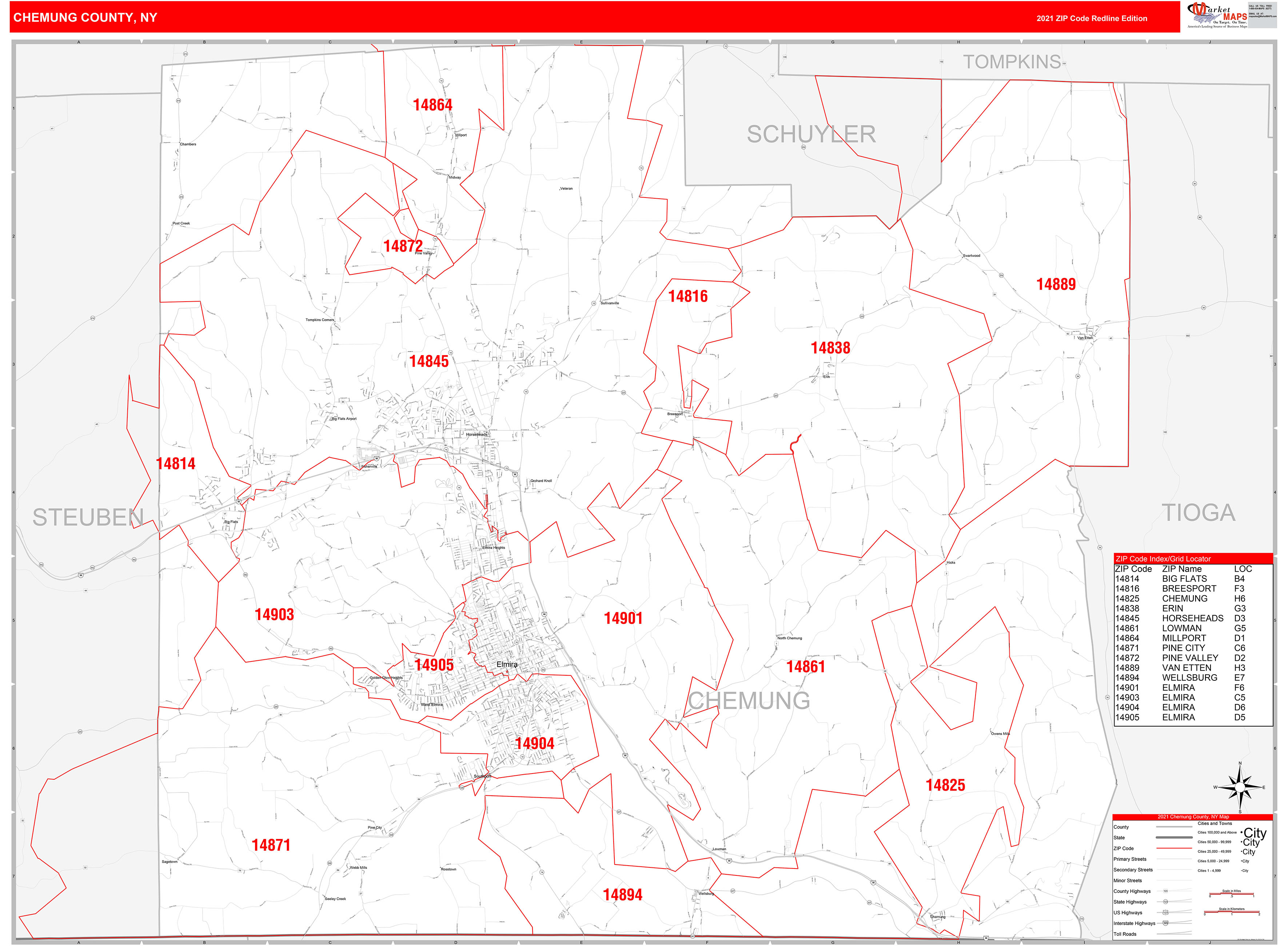 Chemung County Ny Zip Code Wall Map Red Line Style By Marketmaps