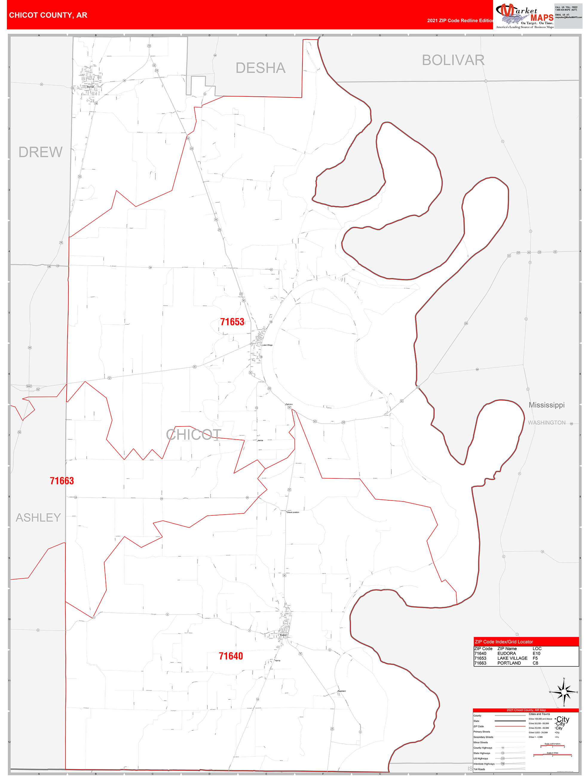 Chicot County, AR Zip Code Wall Map Red Line Style by MarketMAPS - MapSales