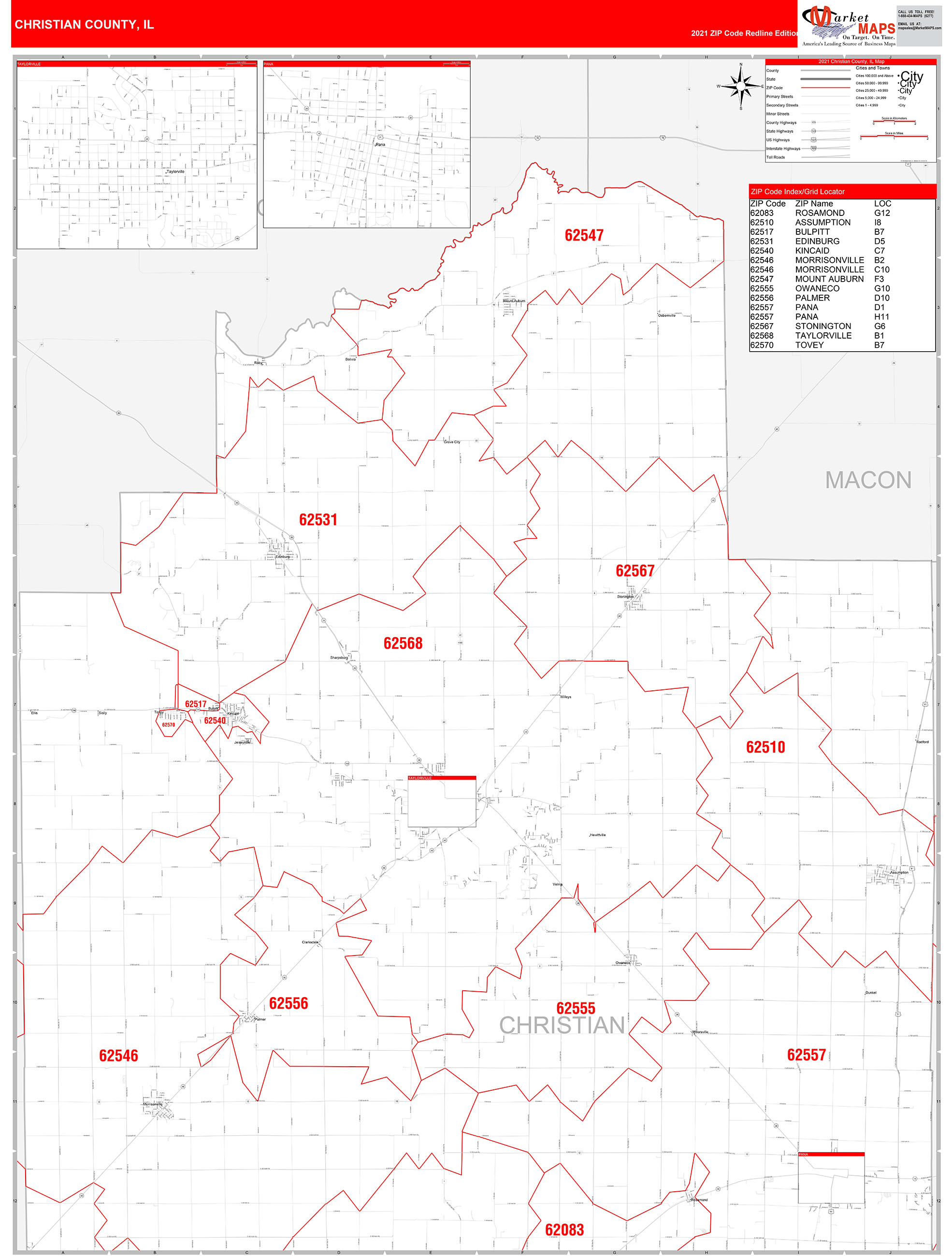 Christian County, IL Zip Code Wall Map Red Line Style by MarketMAPS ...