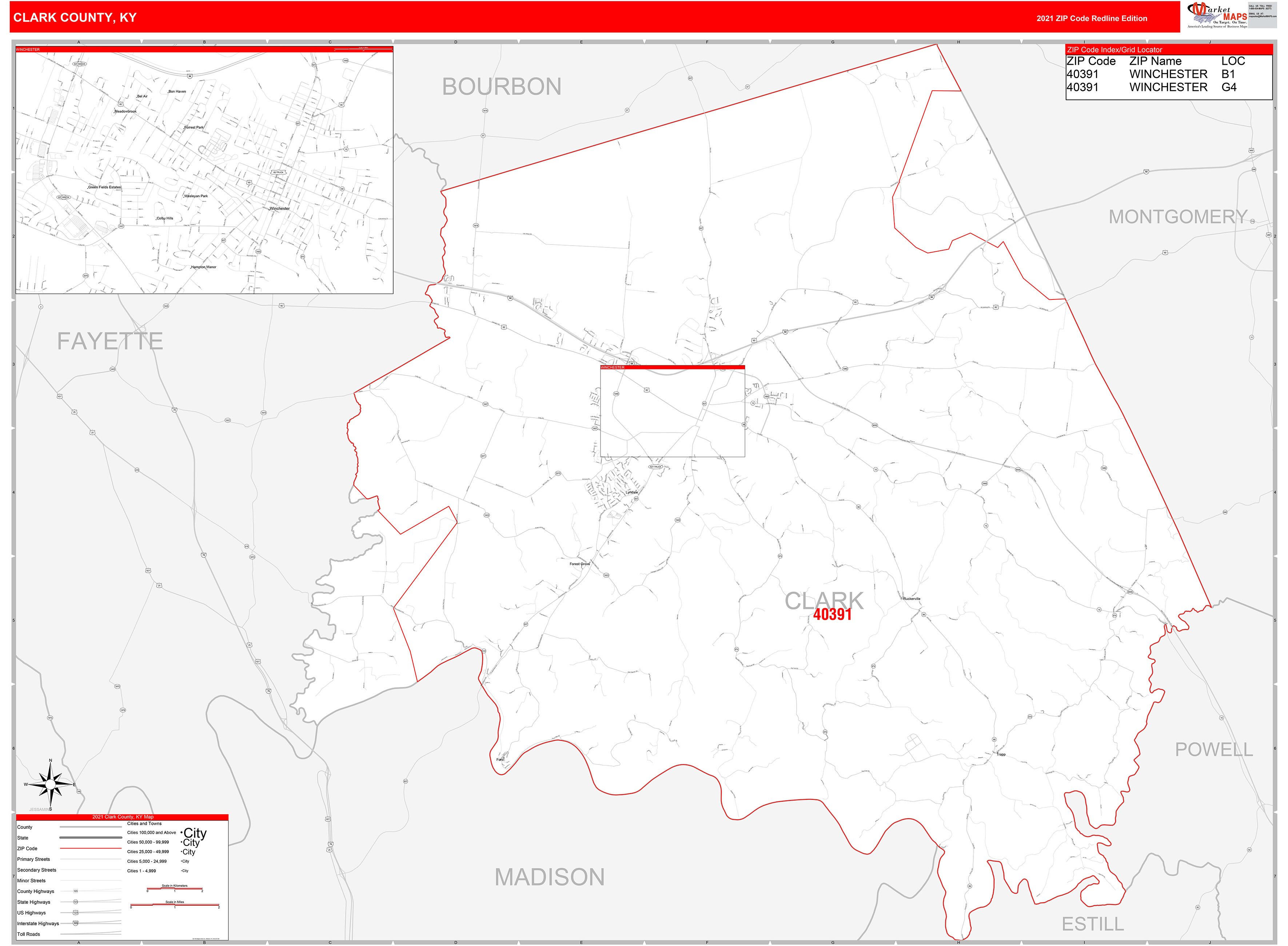 Clark County, KY Zip Code Wall Map Red Line Style by MarketMAPS