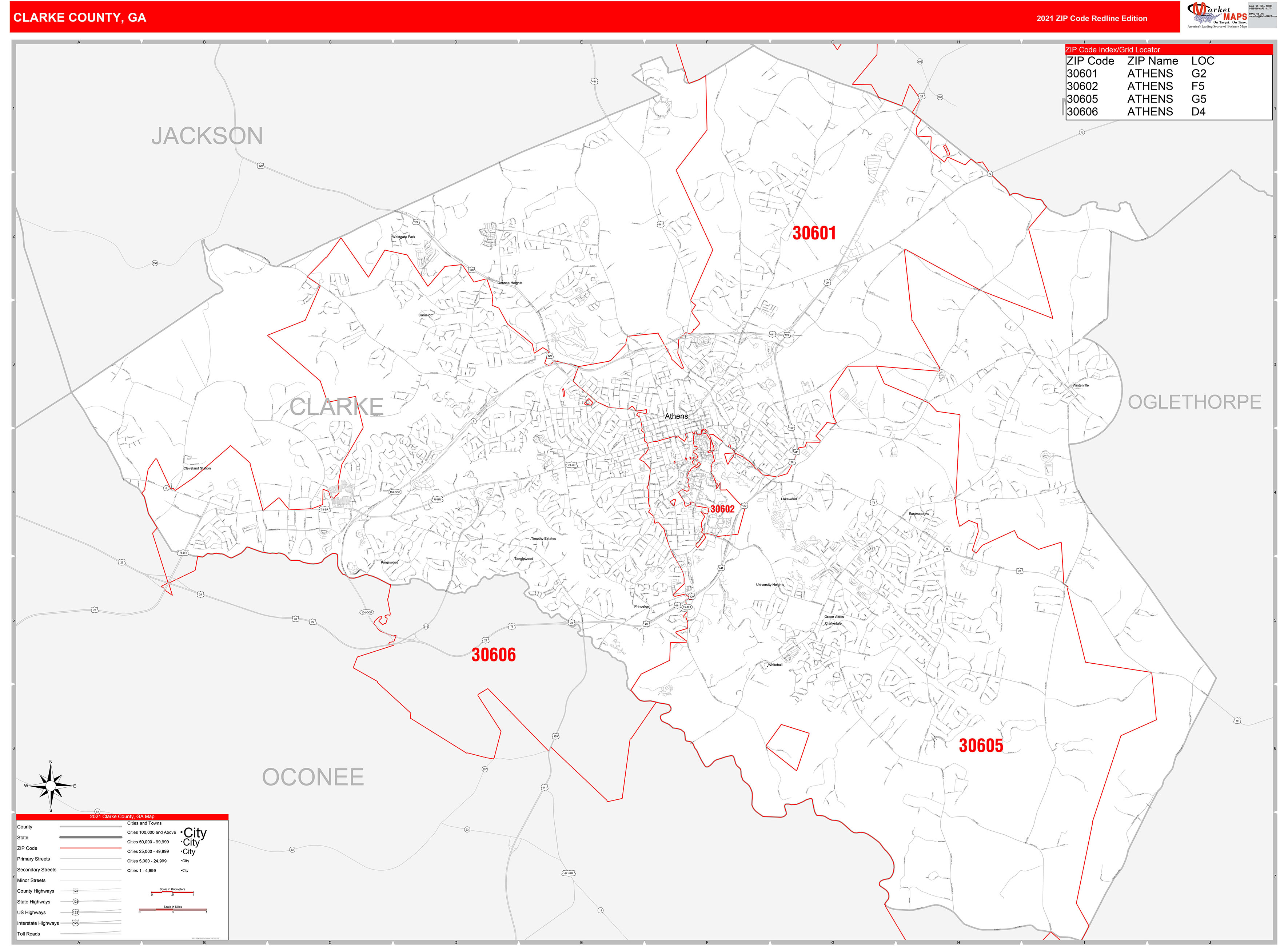 Clarke County, GA Zip Code Wall Map Red Line Style by MarketMAPS ...