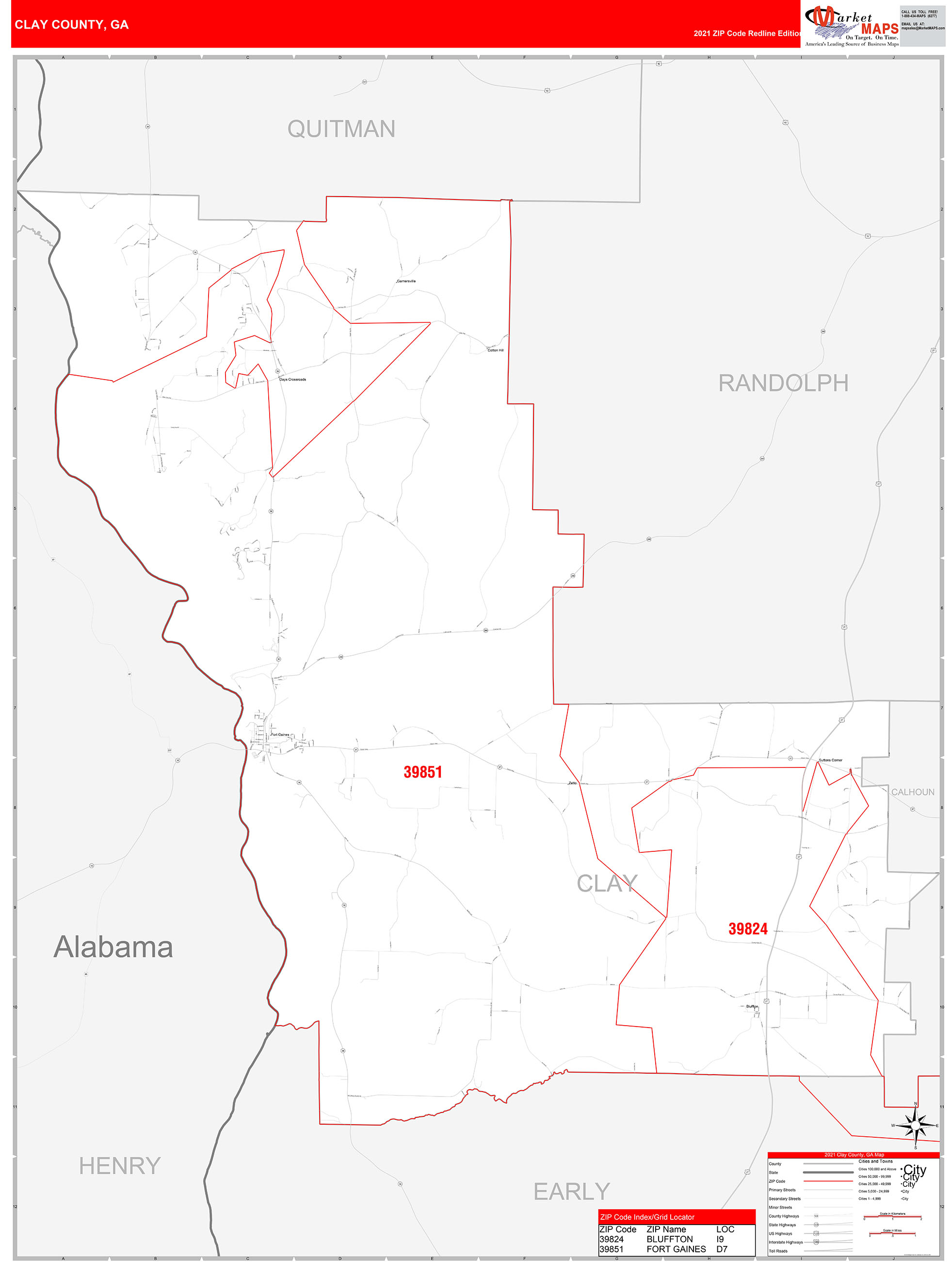 Clay County, GA Zip Code Wall Map Red Line Style by MarketMAPS ...