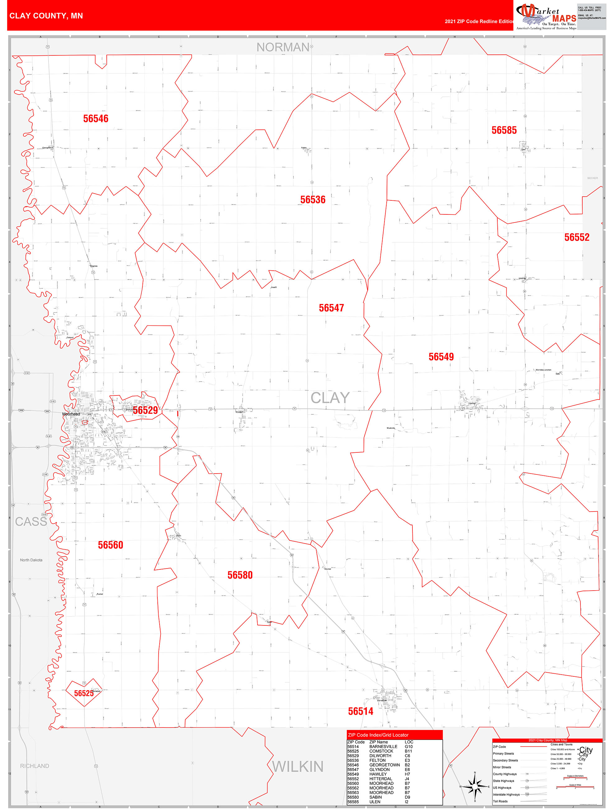 Clay County, MN Zip Code Wall Map Red Line Style by MarketMAPS ...