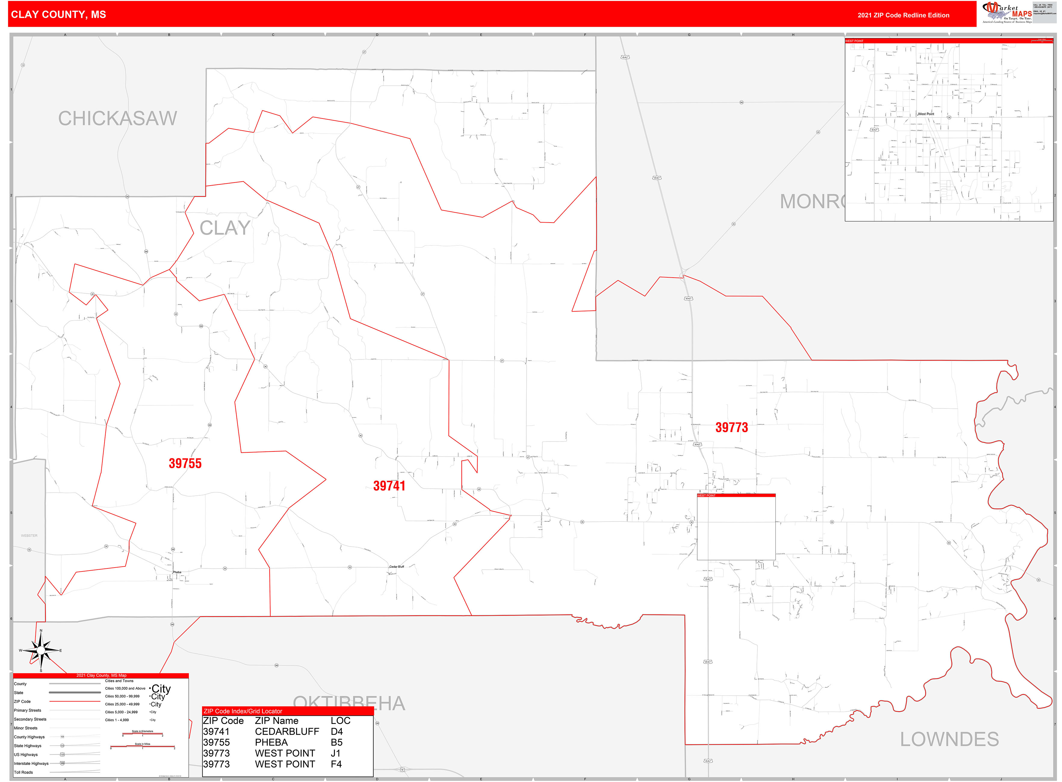 Clay County, MS Zip Code Wall Map Red Line Style by MarketMAPS ...