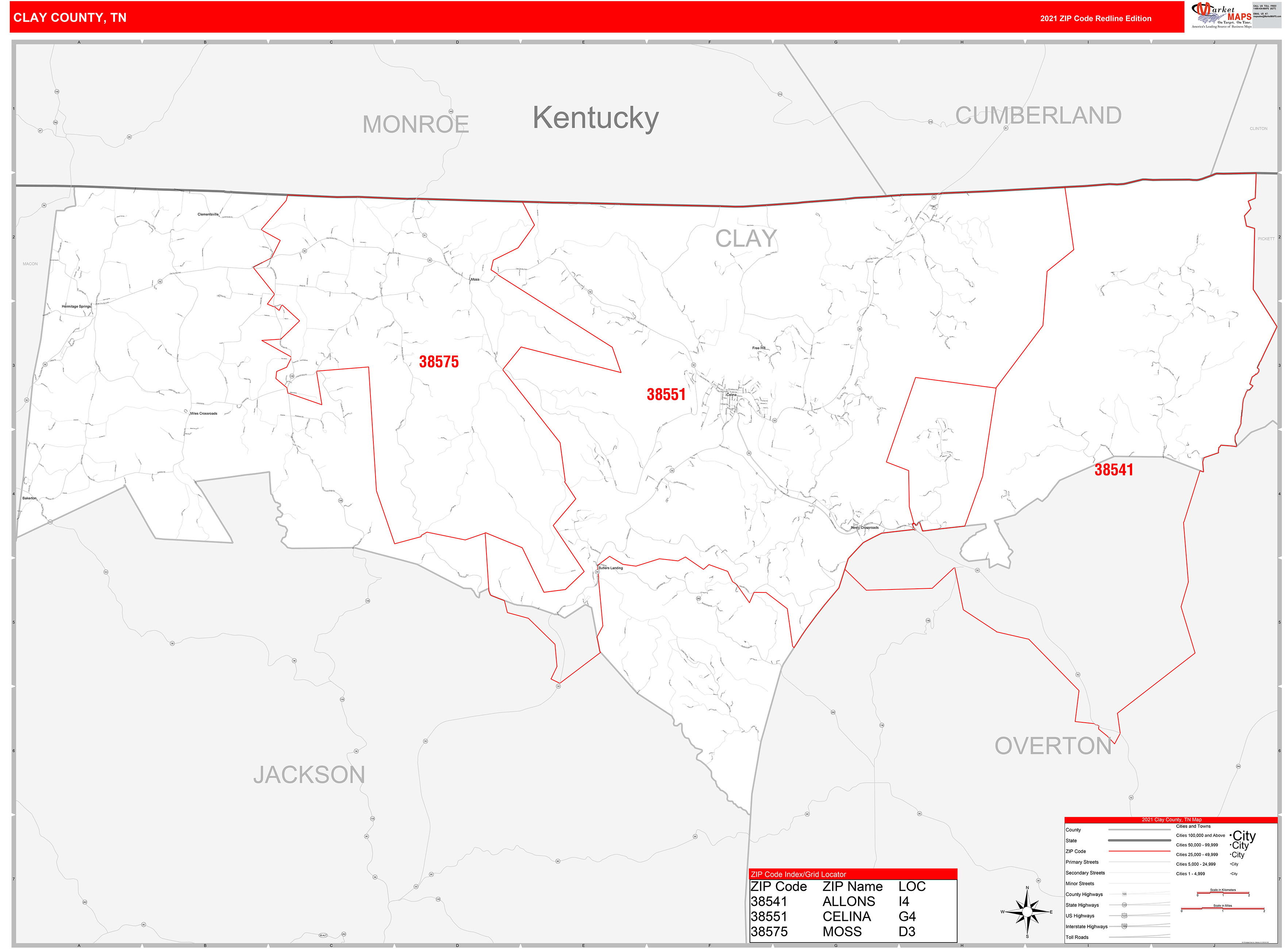 Clay County, TN Zip Code Wall Map Red Line Style by MarketMAPS ...