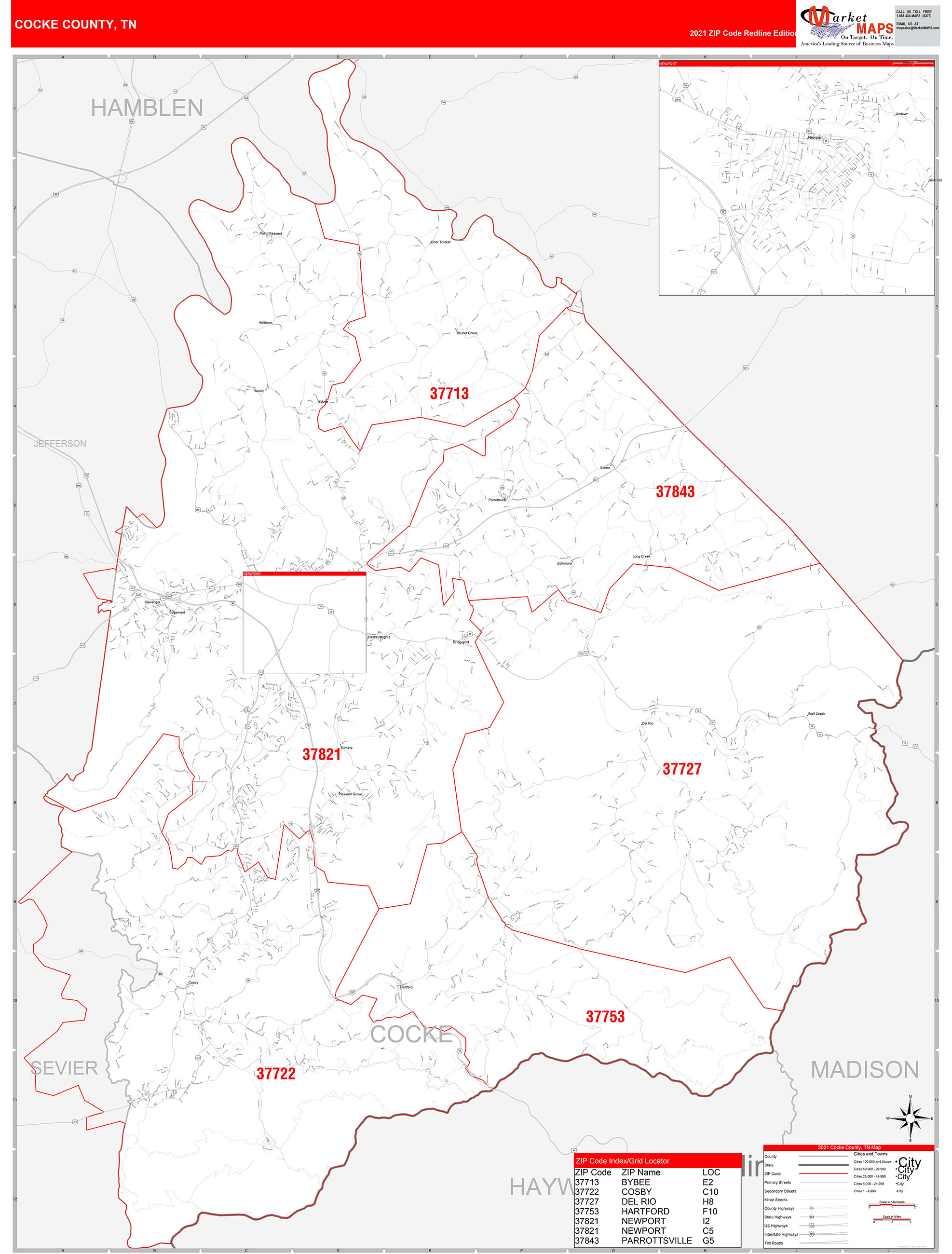 Cocke County Tn Zip Code Wall Map Red Line Style By Marketmaps Mapsales