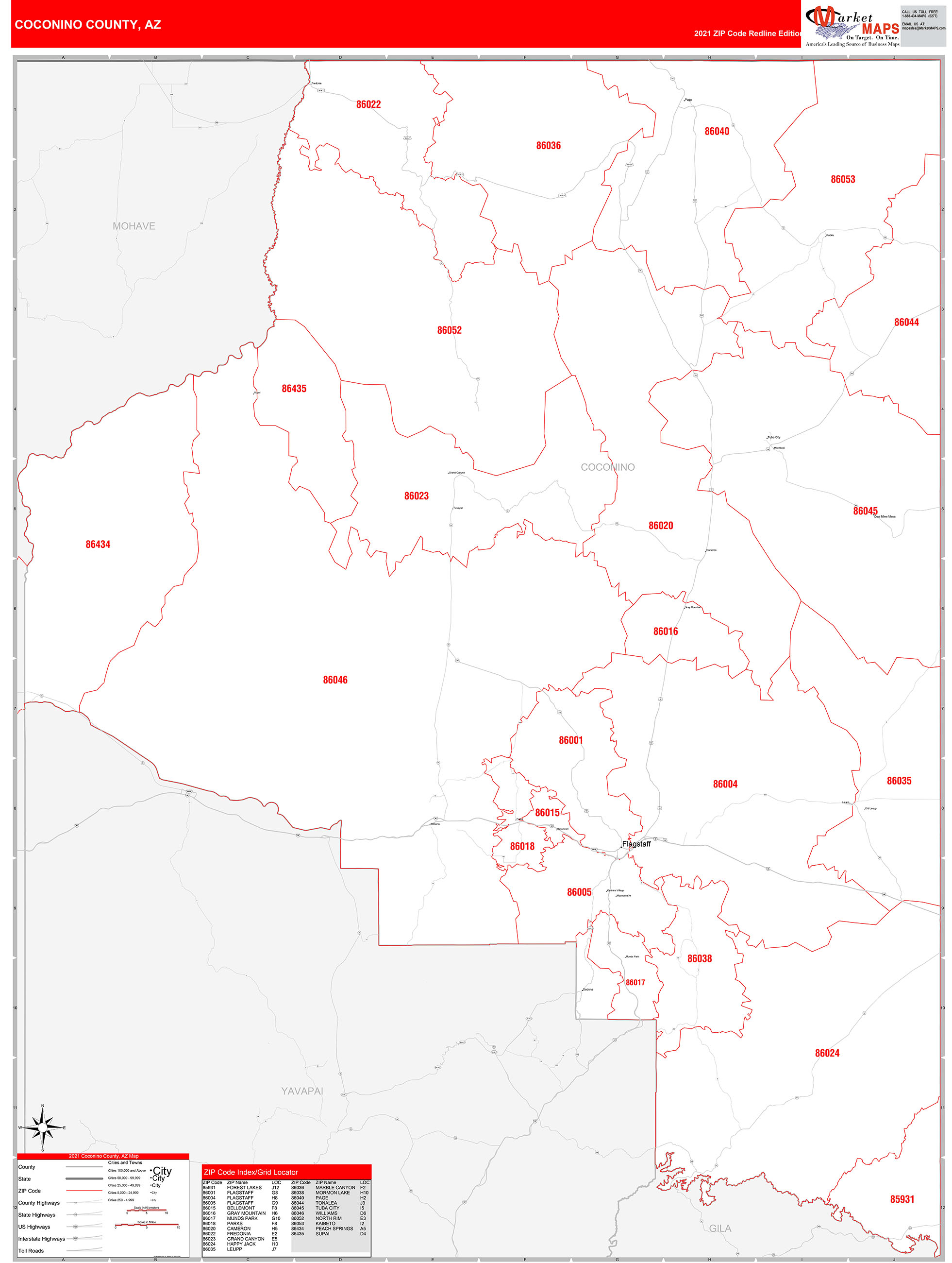 Coconino County, AZ Zip Code Wall Map Red Line Style by MarketMAPS ...