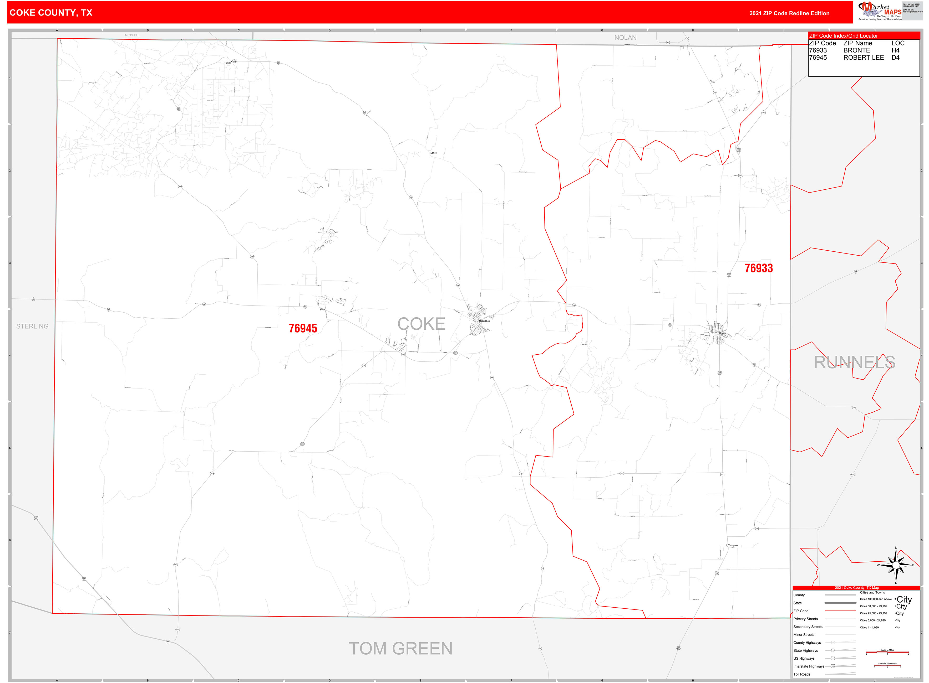 Coke County, TX Zip Code Wall Map Red Line Style by MarketMAPS - MapSales