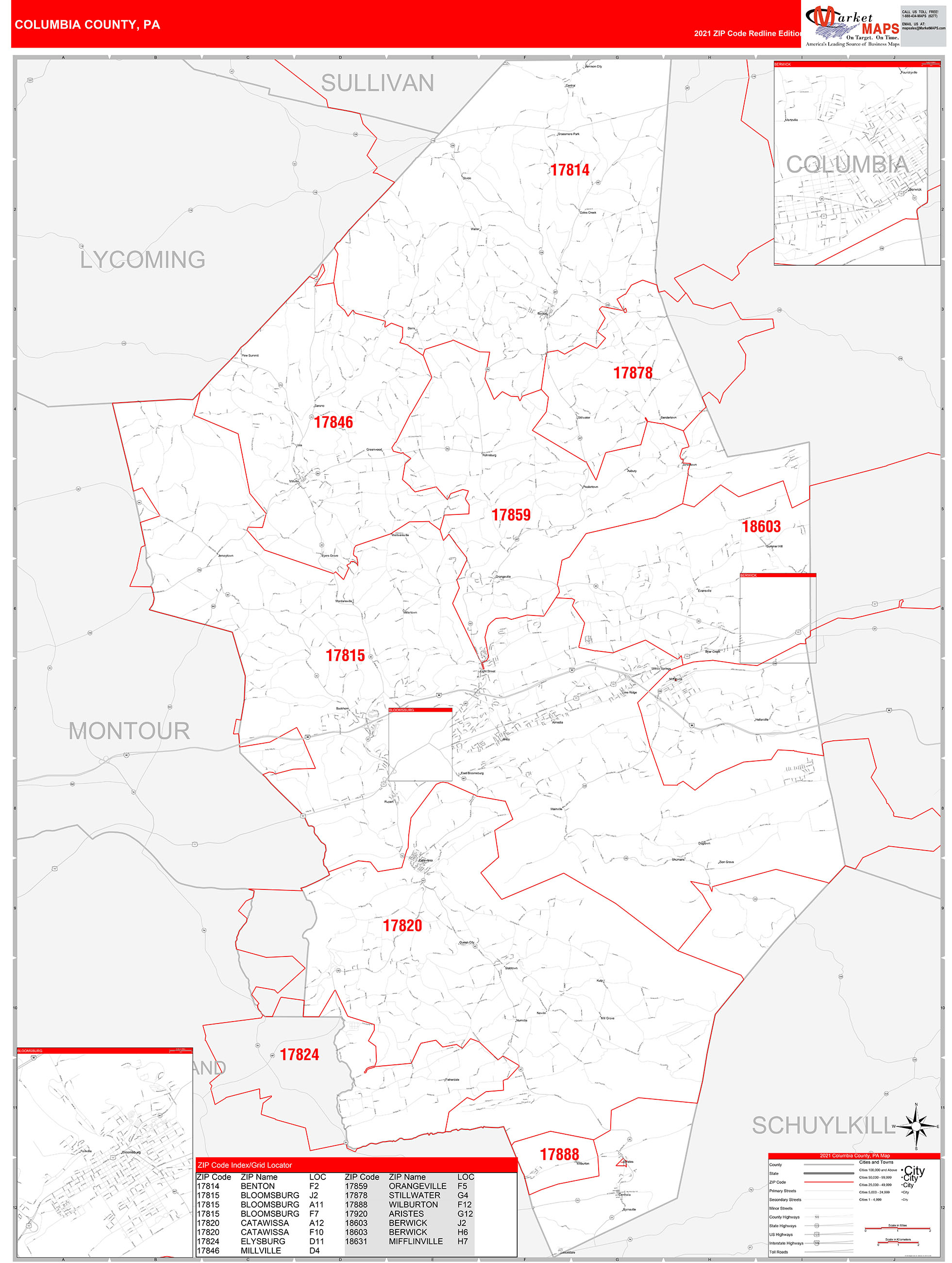 Columbia County, PA Zip Code Wall Map Red Line Style by MarketMAPS - MapSales