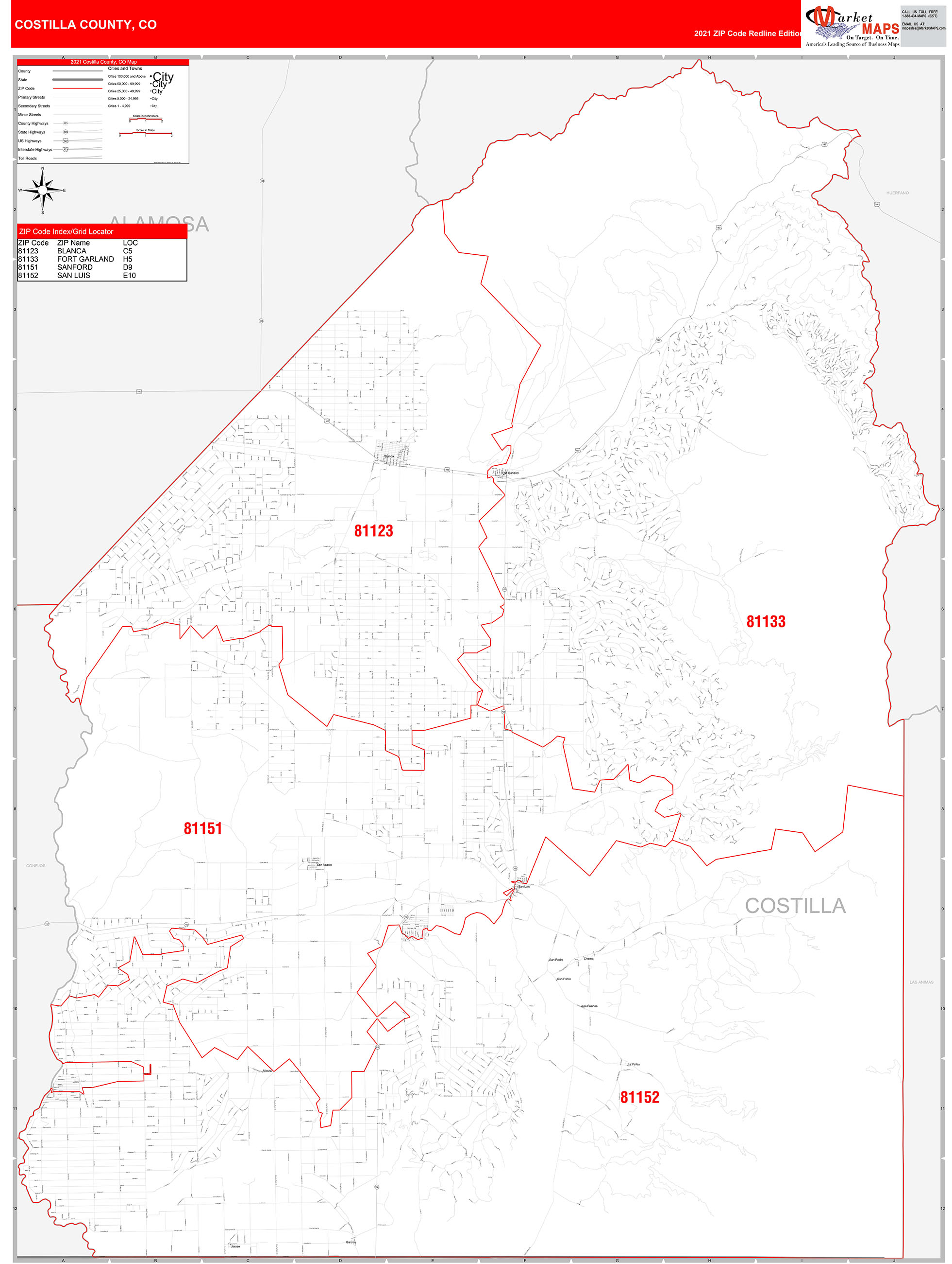 Costilla County, CO Zip Code Wall Map Red Line Style by MarketMAPS ...