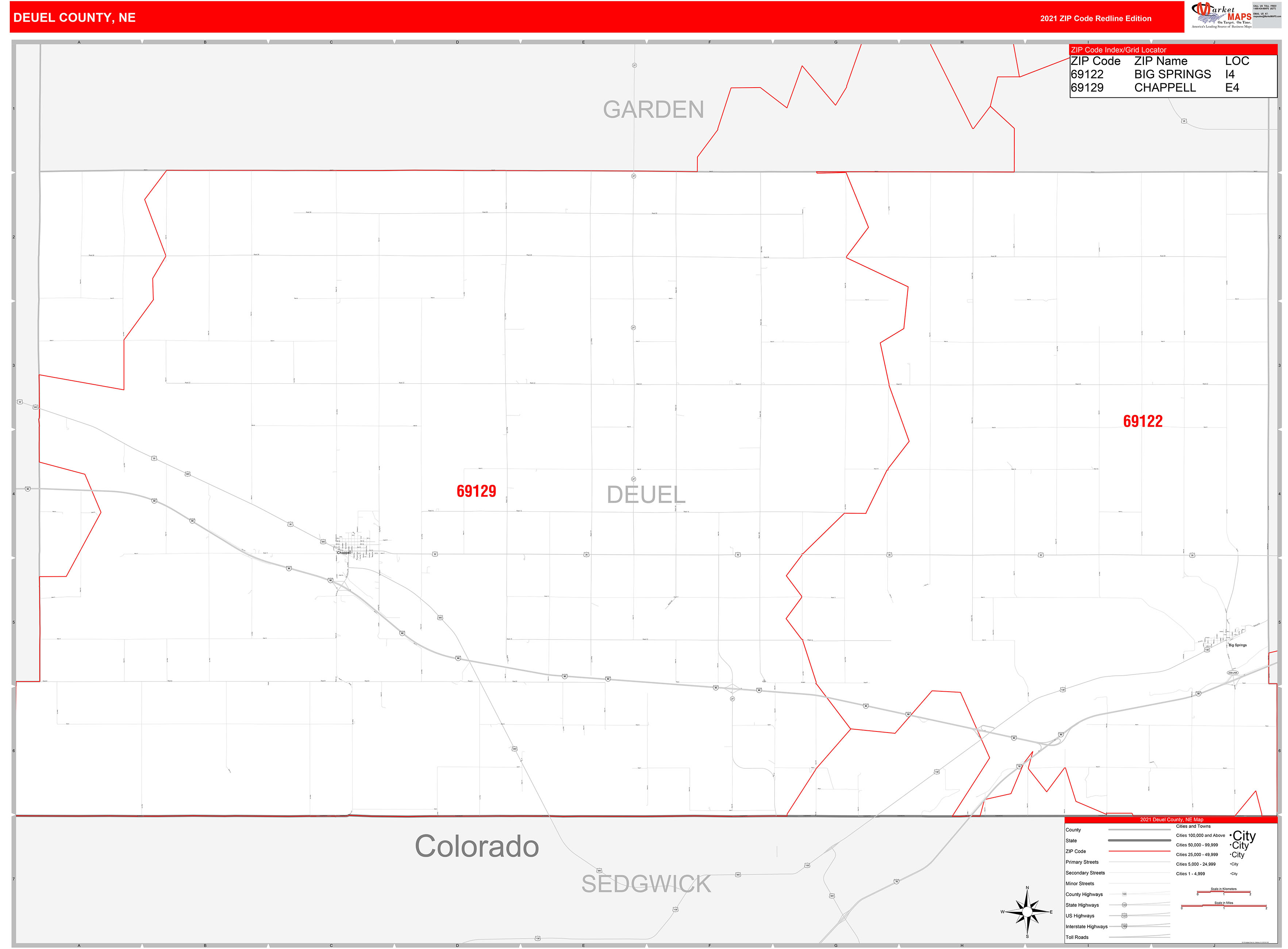 Deuel County, NE Zip Code Wall Map Red Line Style by MarketMAPS