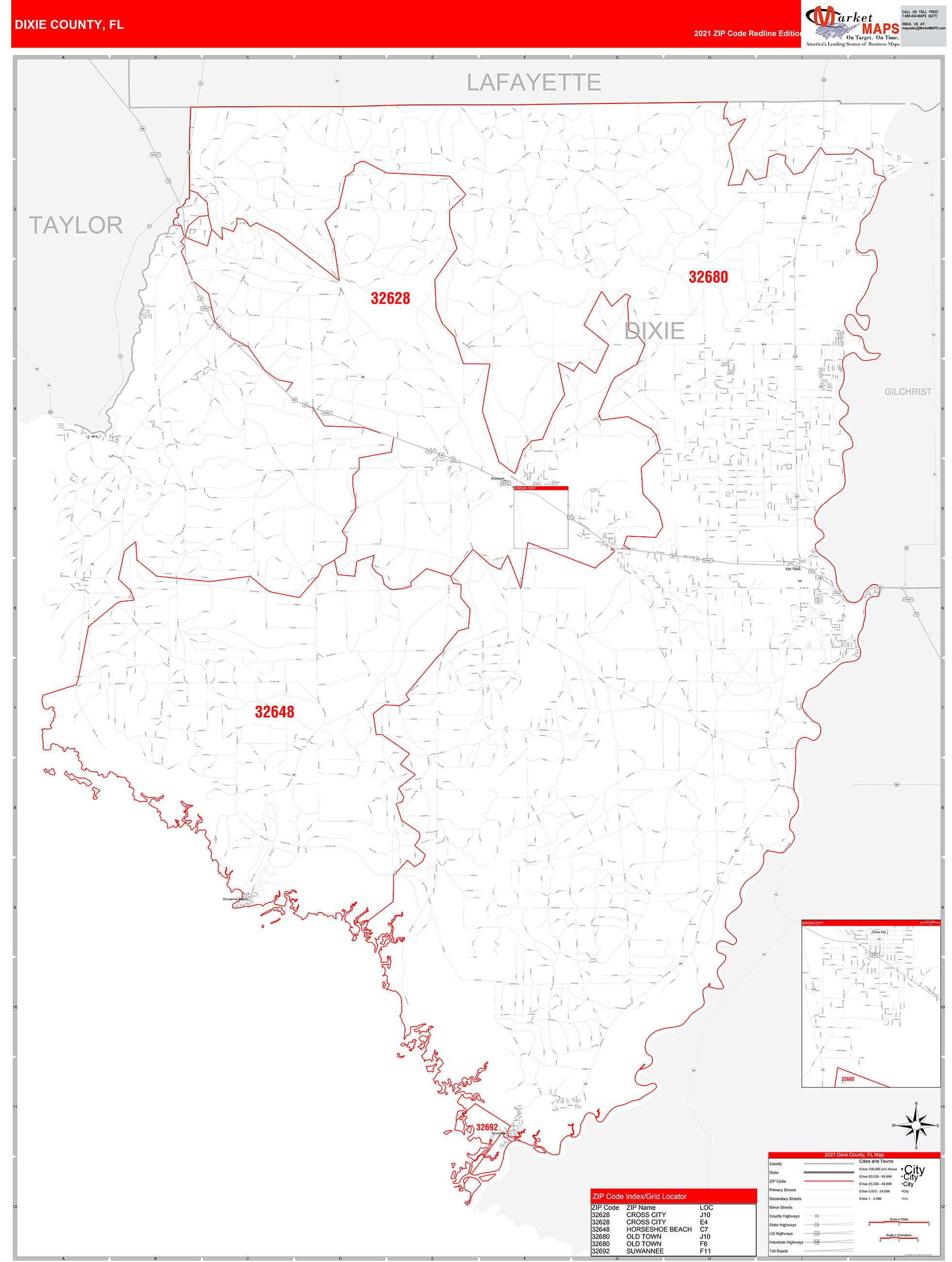 Dixie County, FL Zip Code Wall Map Red Line Style by MarketMAPS ...