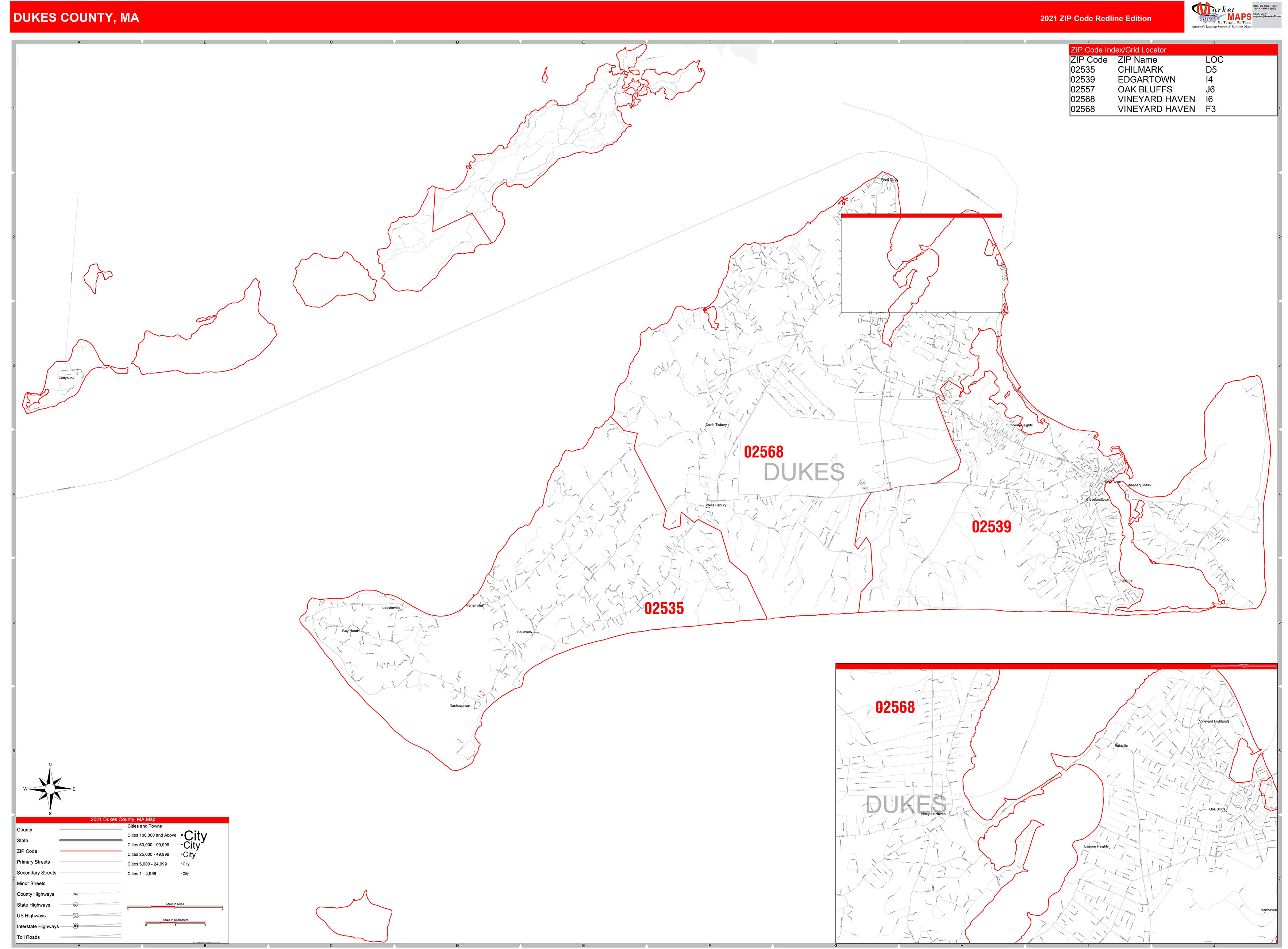 Dukes County, MA Zip Code Wall Map Red Line Style by MarketMAPS ...