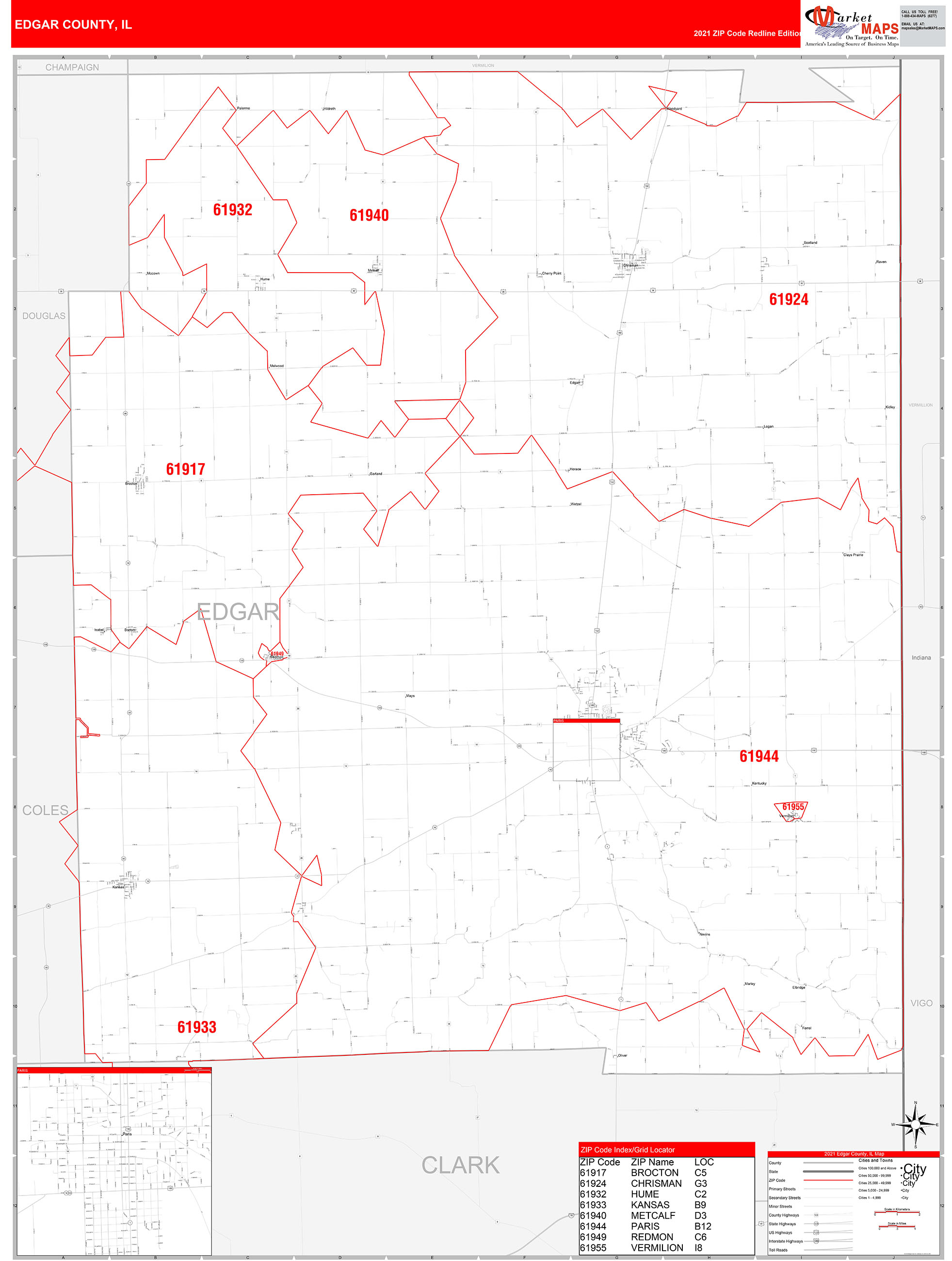 Edgar County, IL Zip Code Wall Map Red Line Style by MarketMAPS - MapSales