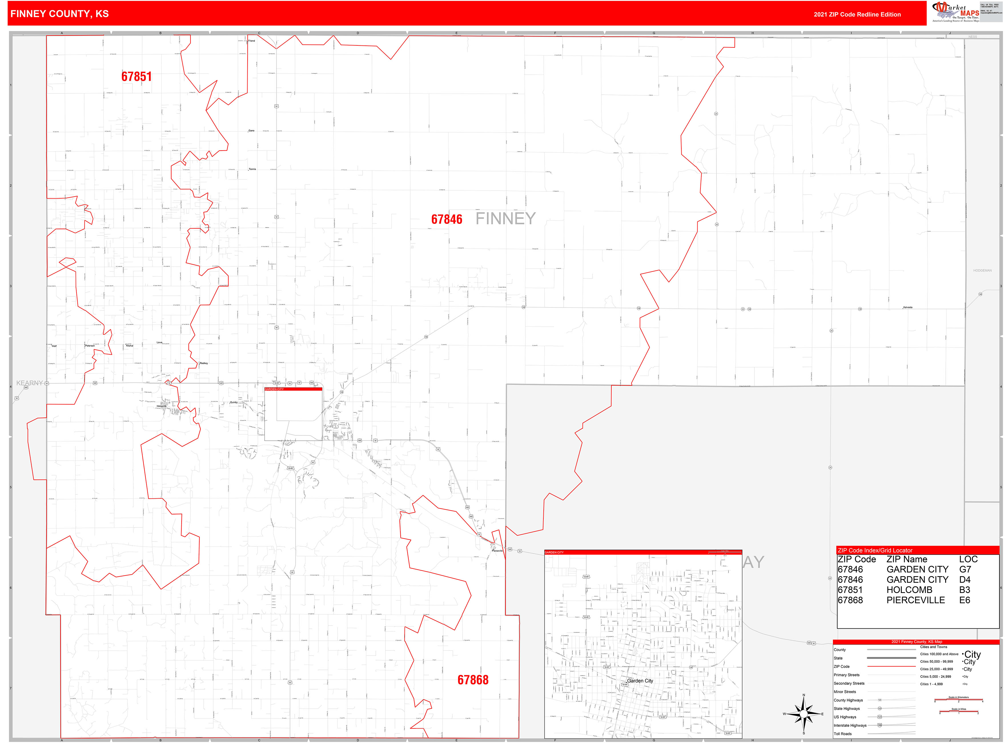 Finney County, KS Zip Code Wall Map Red Line Style by MarketMAPS - MapSales