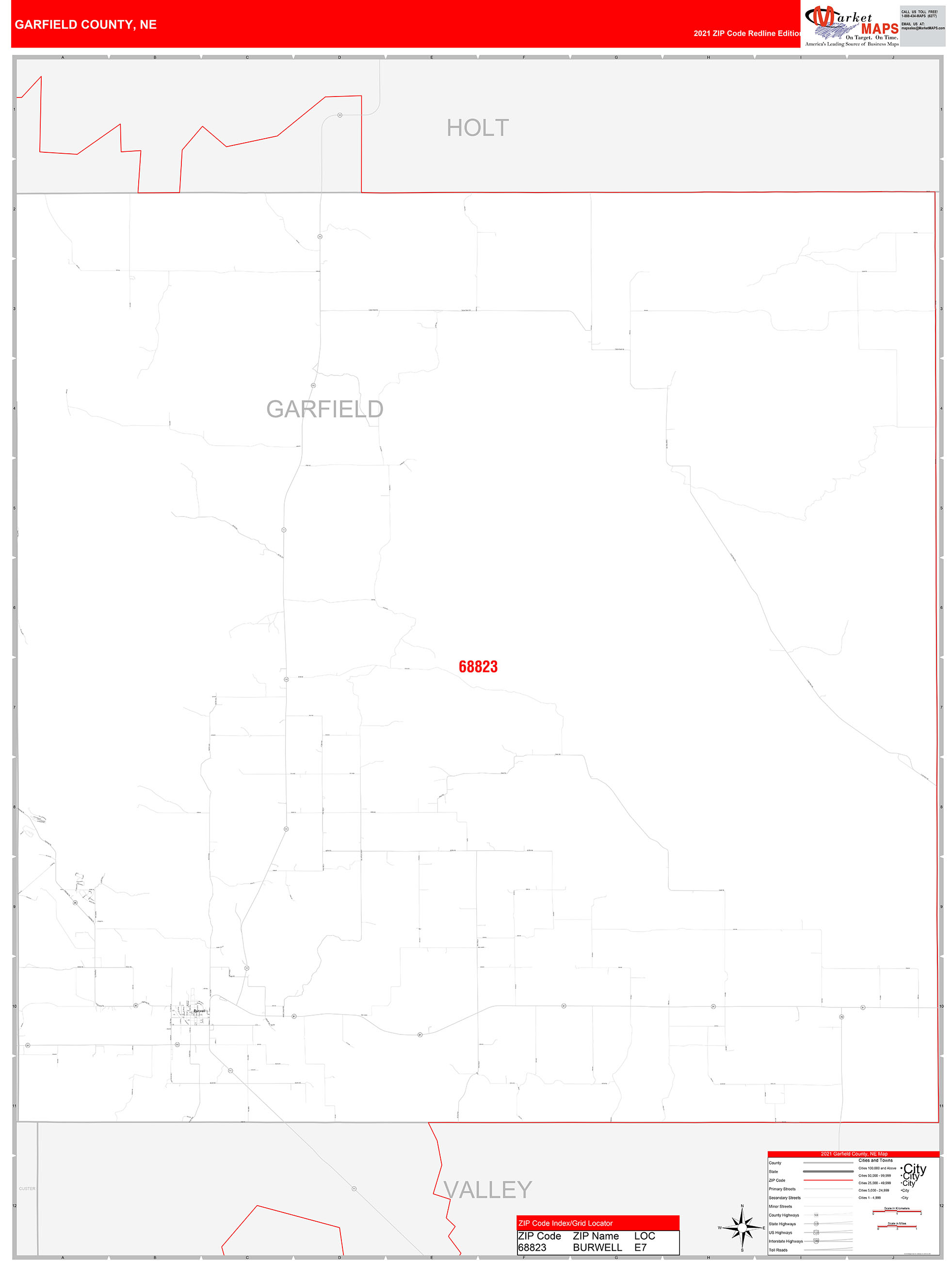 Garfield County, NE Zip Code Wall Map Red Line Style by MarketMAPS ...