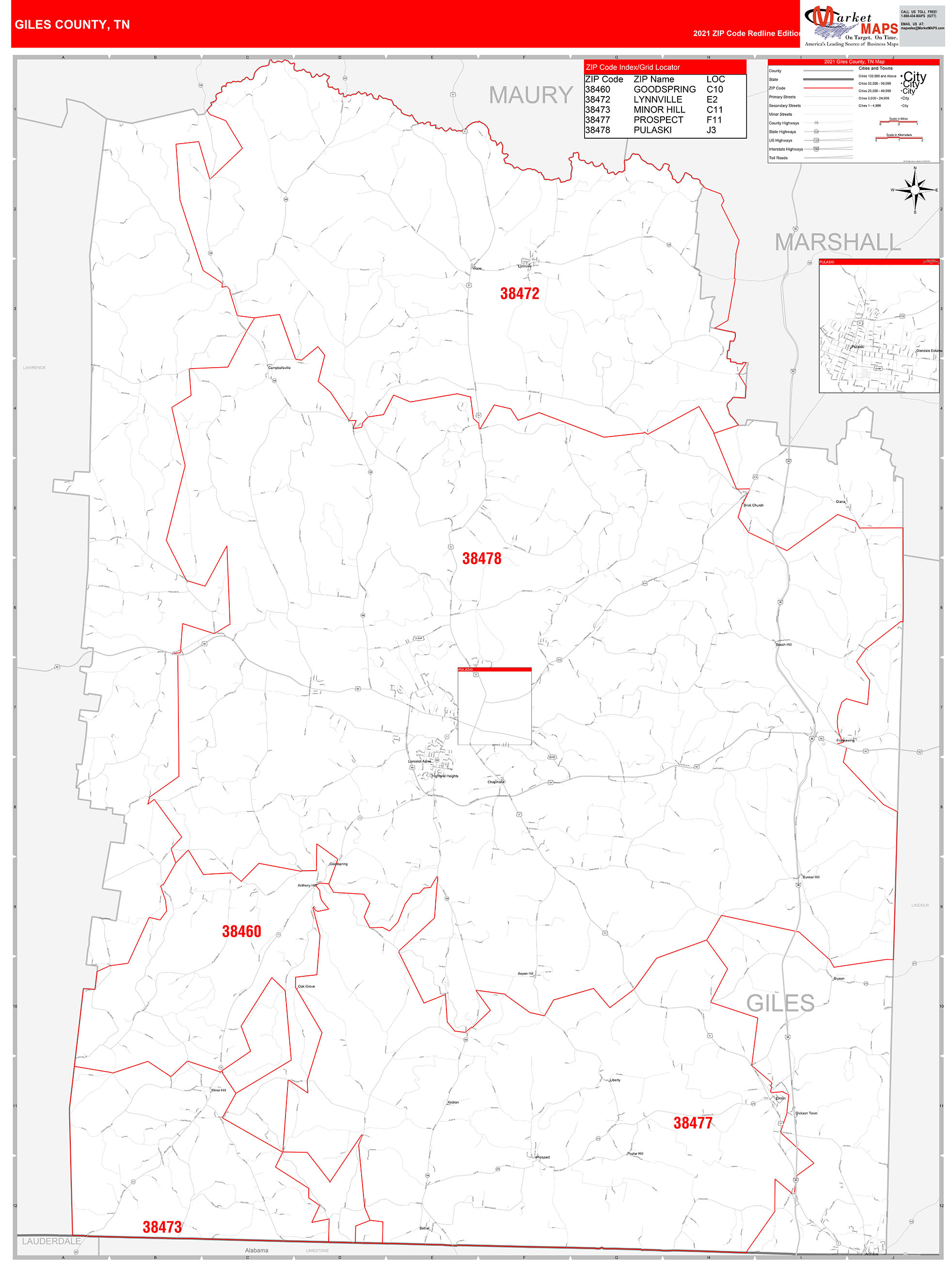 Giles County Tn Zip Code Wall Map Red Line Style By Marketmaps