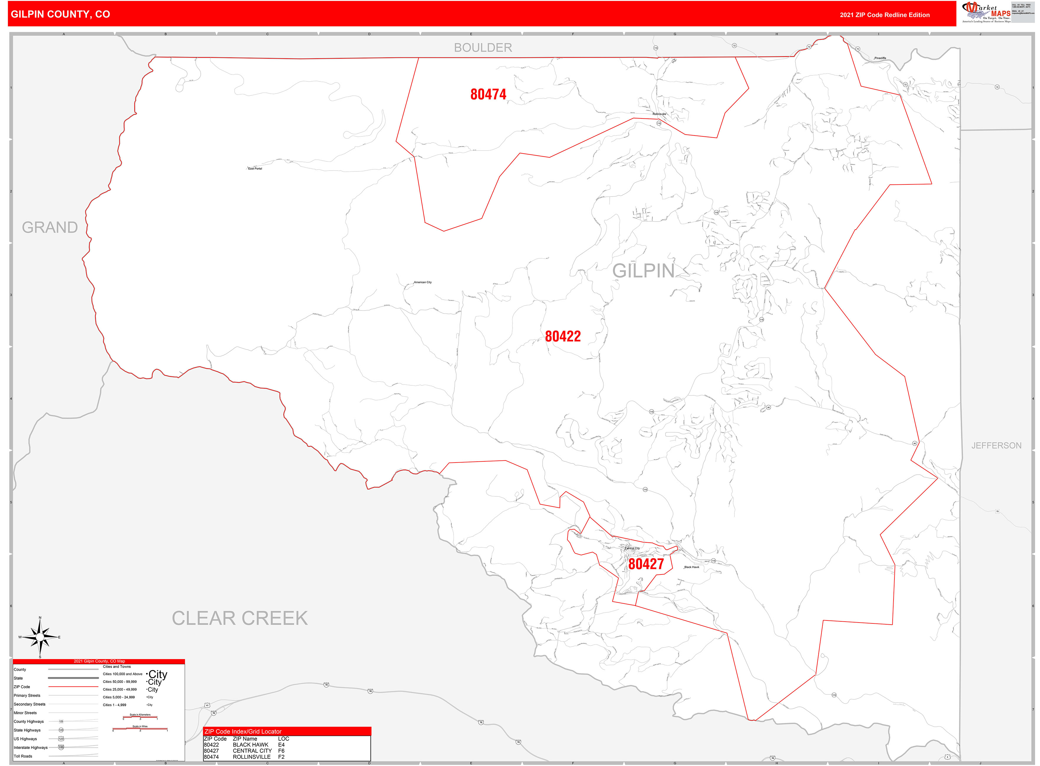 Gilpin County, CO Zip Code Wall Map Red Line Style by MarketMAPS - MapSales