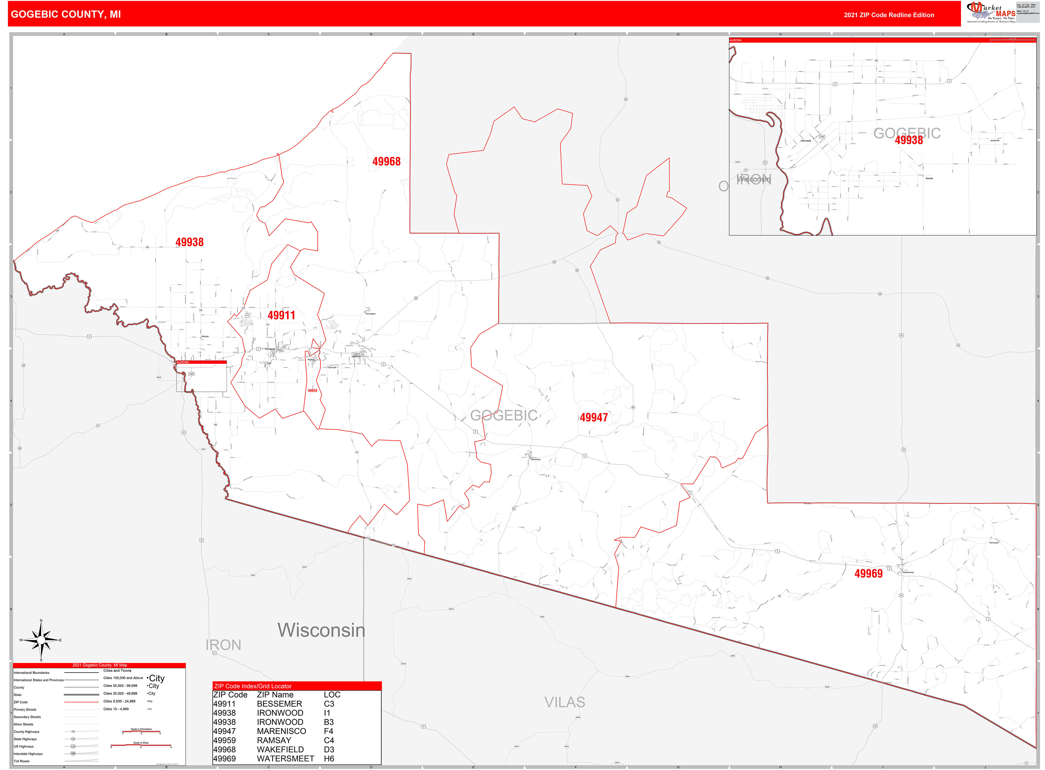 Gogebic County, MI Zip Code Wall Map Red Line Style by MarketMAPS ...