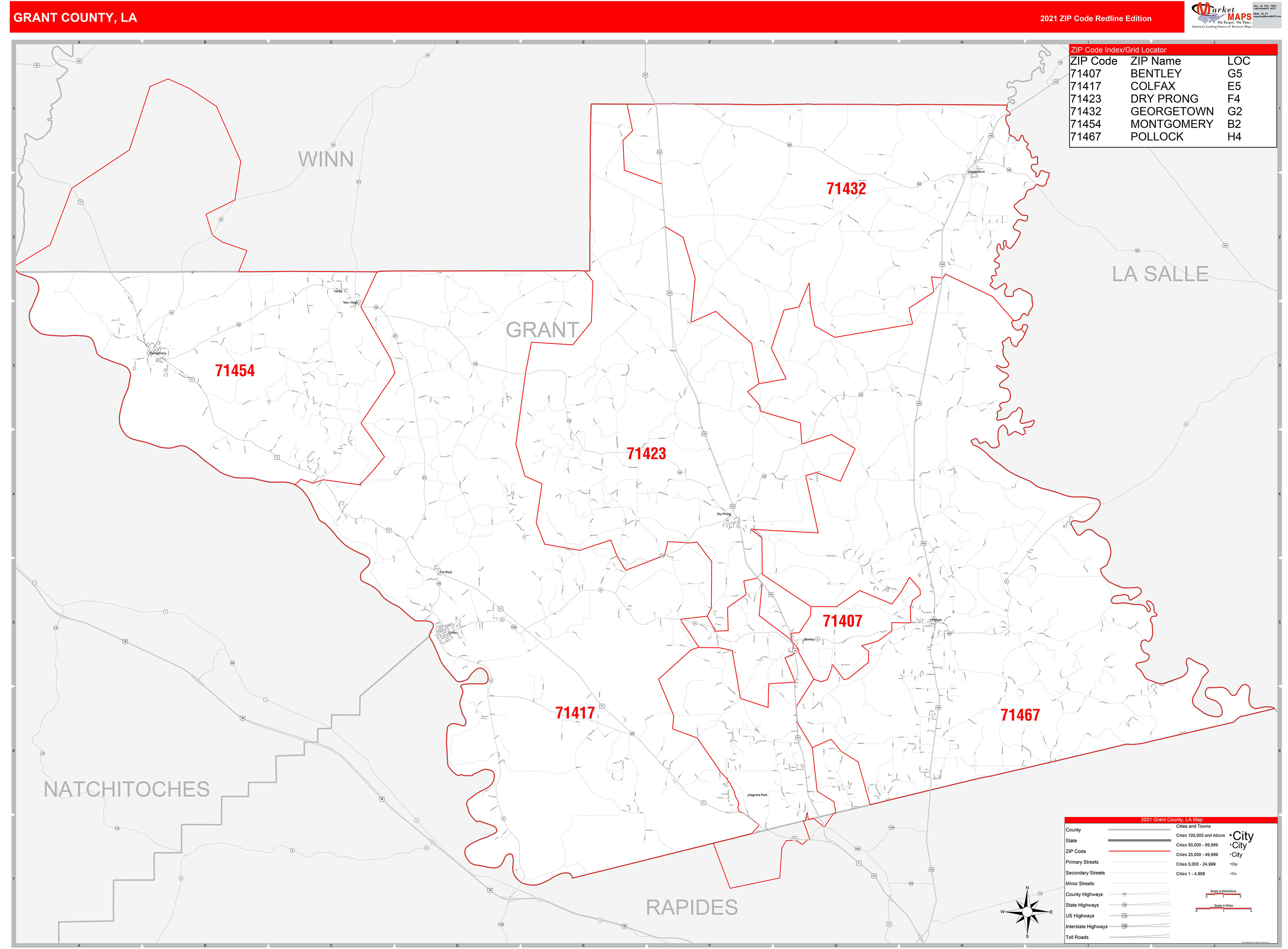 Grant County, LA Zip Code Wall Map Red Line Style by MarketMAPS - MapSales